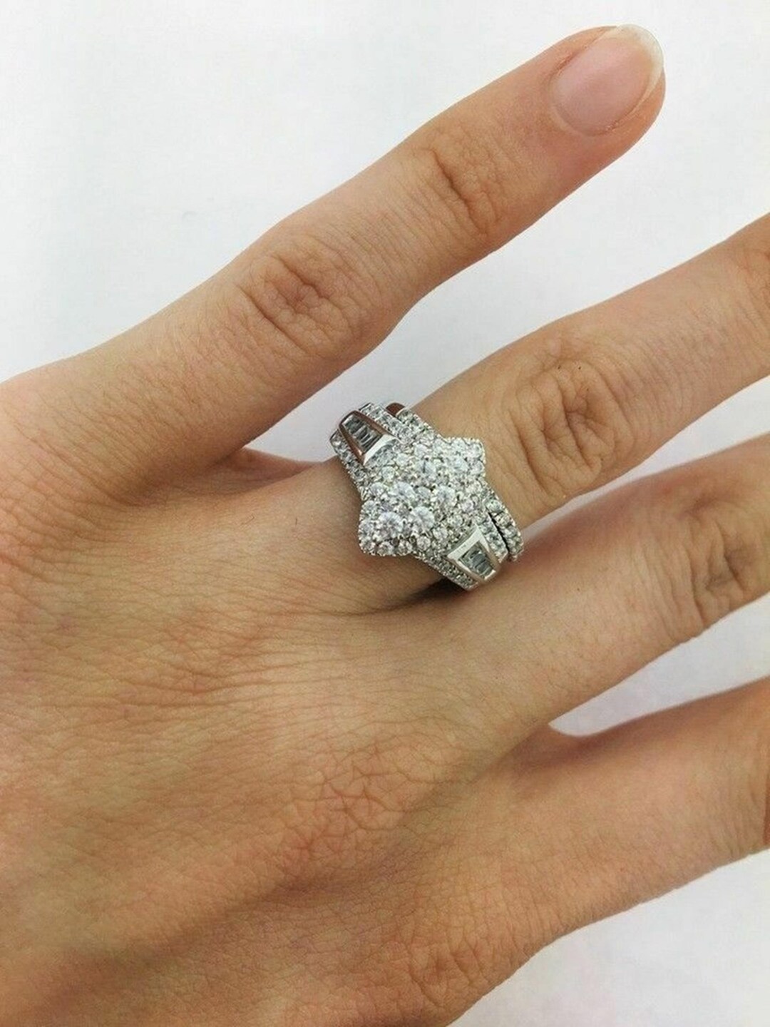 Navette Shape Ring Set Round & Baguette Cut CZ Stone Wedding Bridal ...