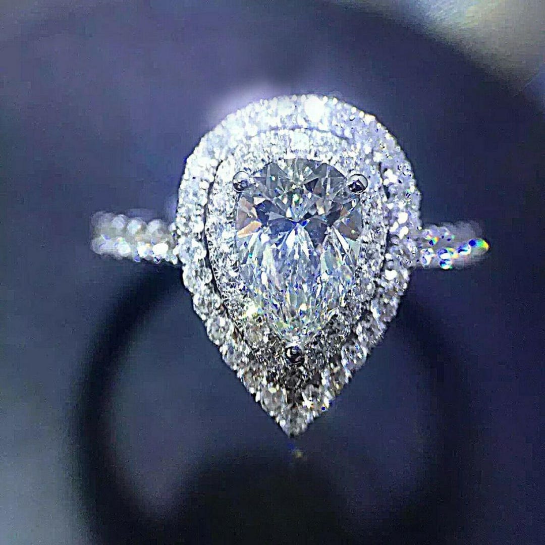 Teardrop Proposal Ring Pear Cut Moissanite Diamond Double Halo ...