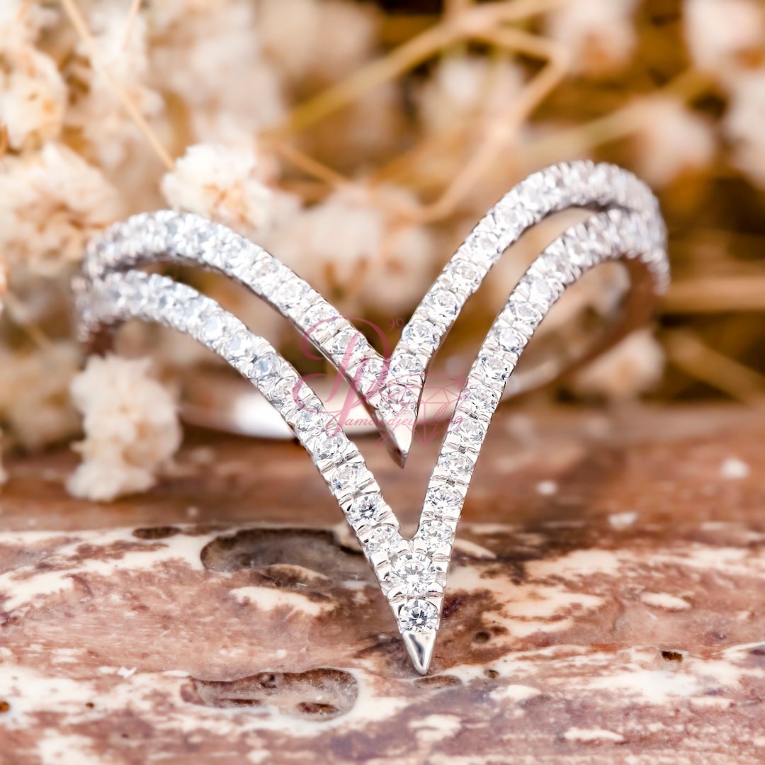 Deep V Shape Ring Round Moissanite Diamond Chevron Band Ring Double Row ...