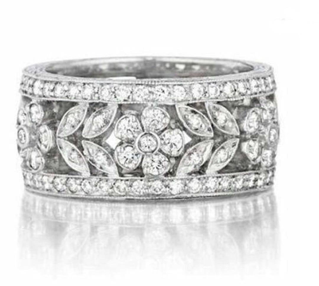 Floral & Leaf Motif Wedding Band - Round Moissanite Diamond Engagement ...