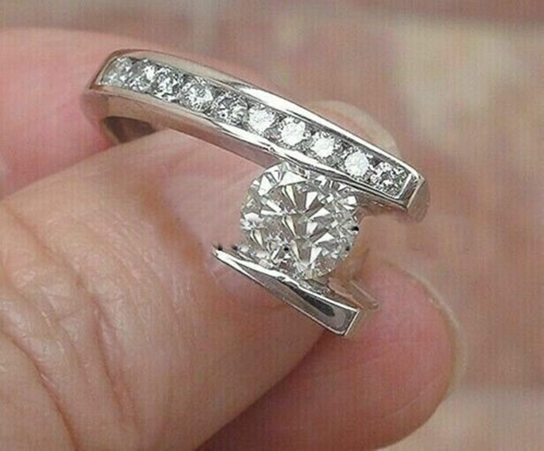 Tension Setting Ring Round Moissanite Diamond Wedding Ring Channel ...