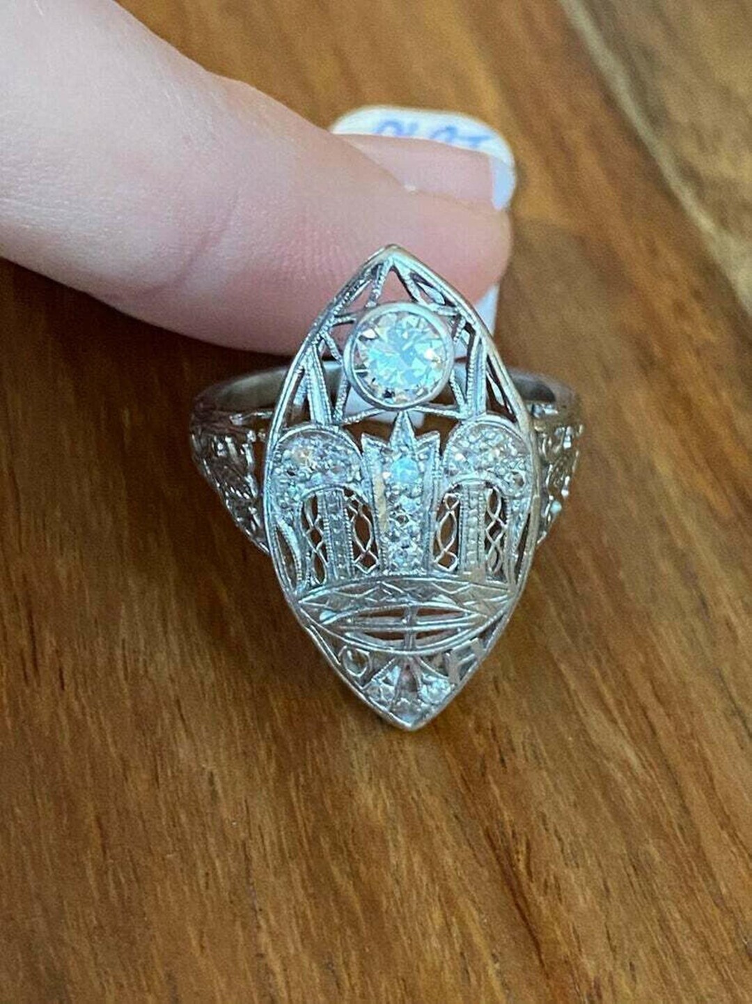 Navette Ring Open Work Filigree Art Deco Ring Old European Cut Moissanite Diamond Vintage Style ...