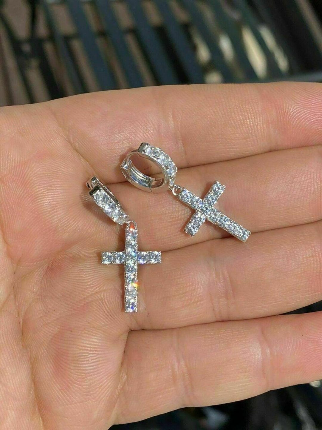 Round Cut Moissanite Diamond Cross Hoop Earring - Religious Huggie Hoop ...