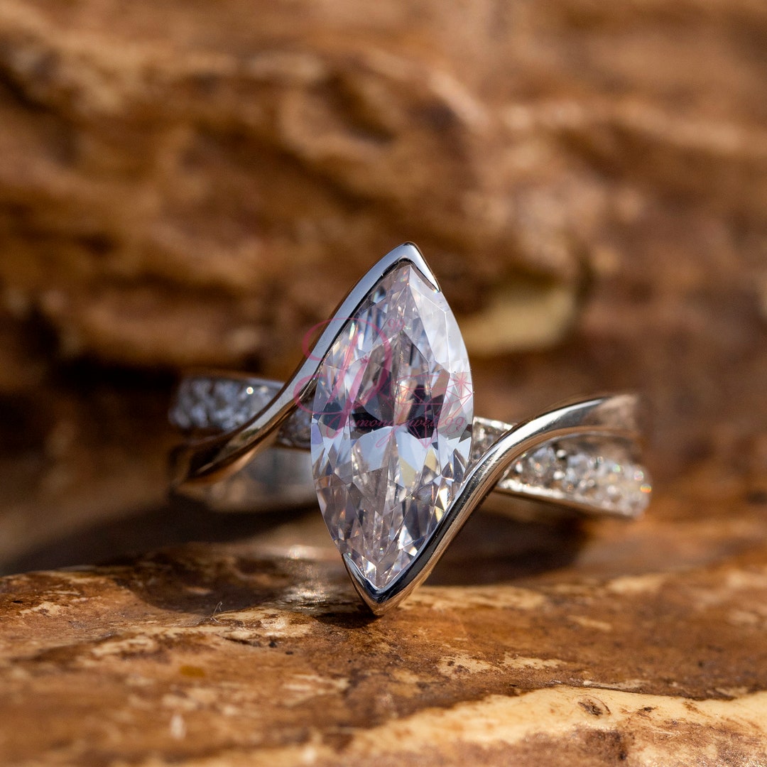 Bypass Shank Engagement Ring 2.11CT Marquise Cut Moissanite Diamond ...