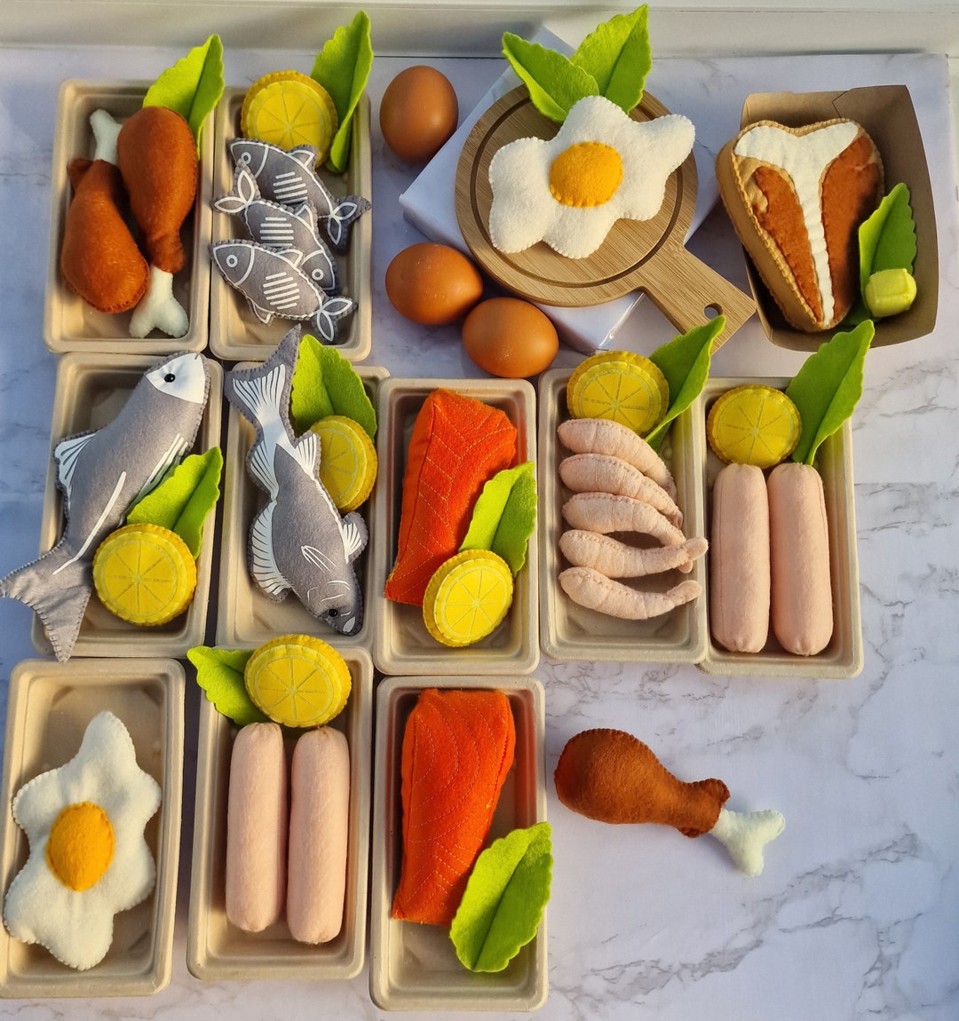 Handmade Felt Play Food Set Steak, Salmon, Sausages, Meat Toys for ...