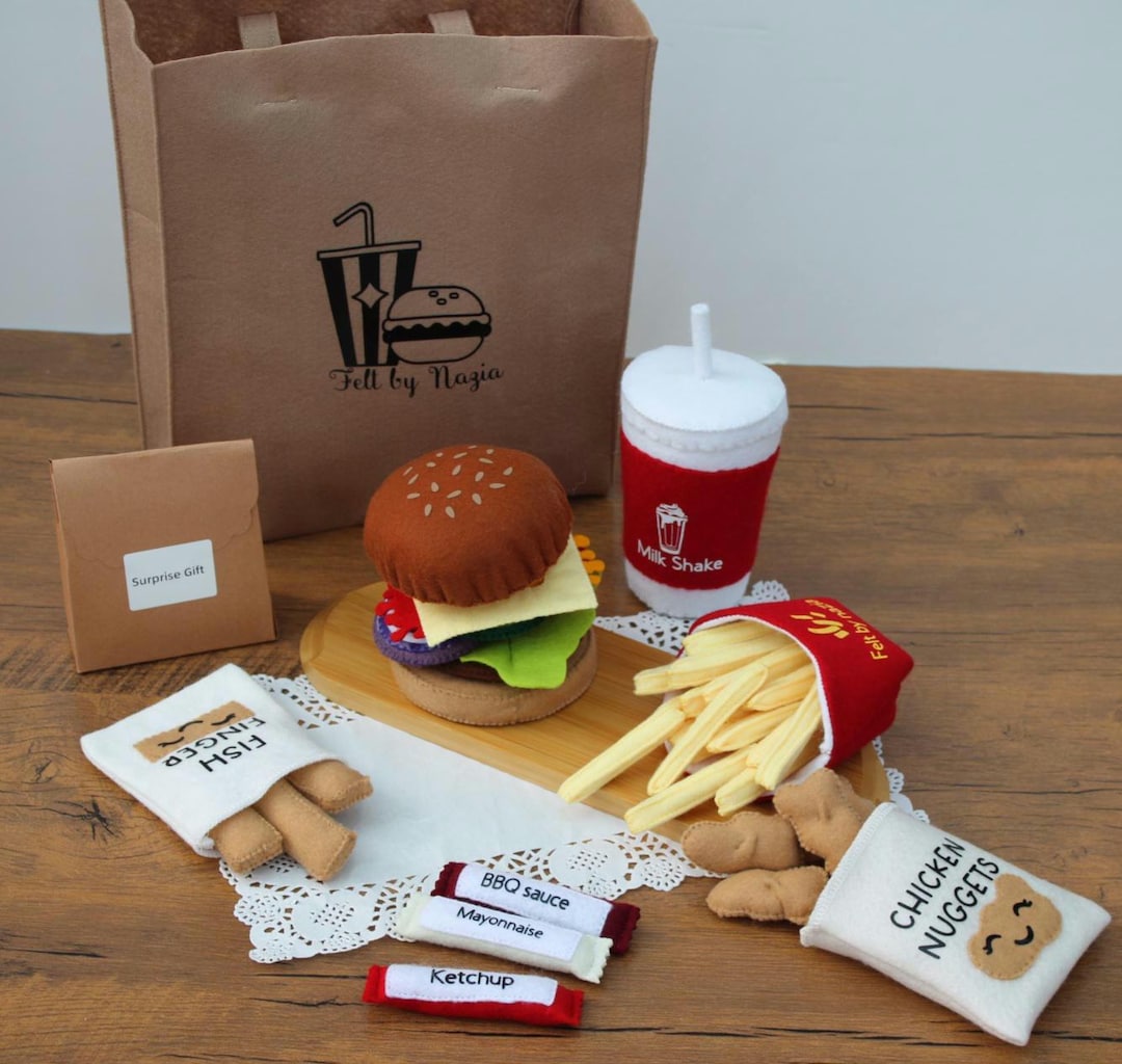 Felt Fast Food Play Set – Pretend Burger & Fries – Takeaway Toy Food ...