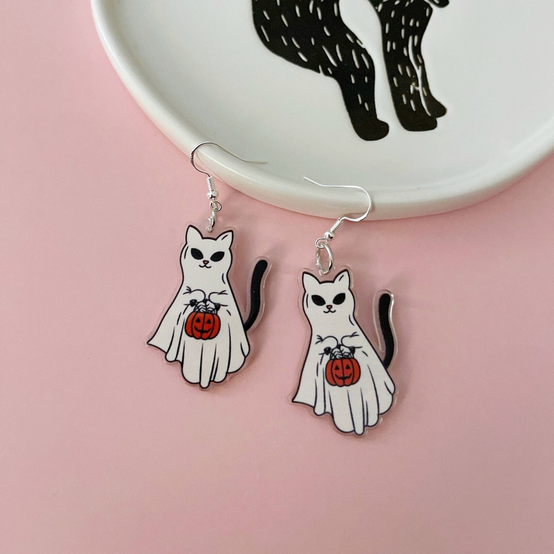 Trick-or-treat Ghost Kitty Halloween Dangle Earrings - Etsy