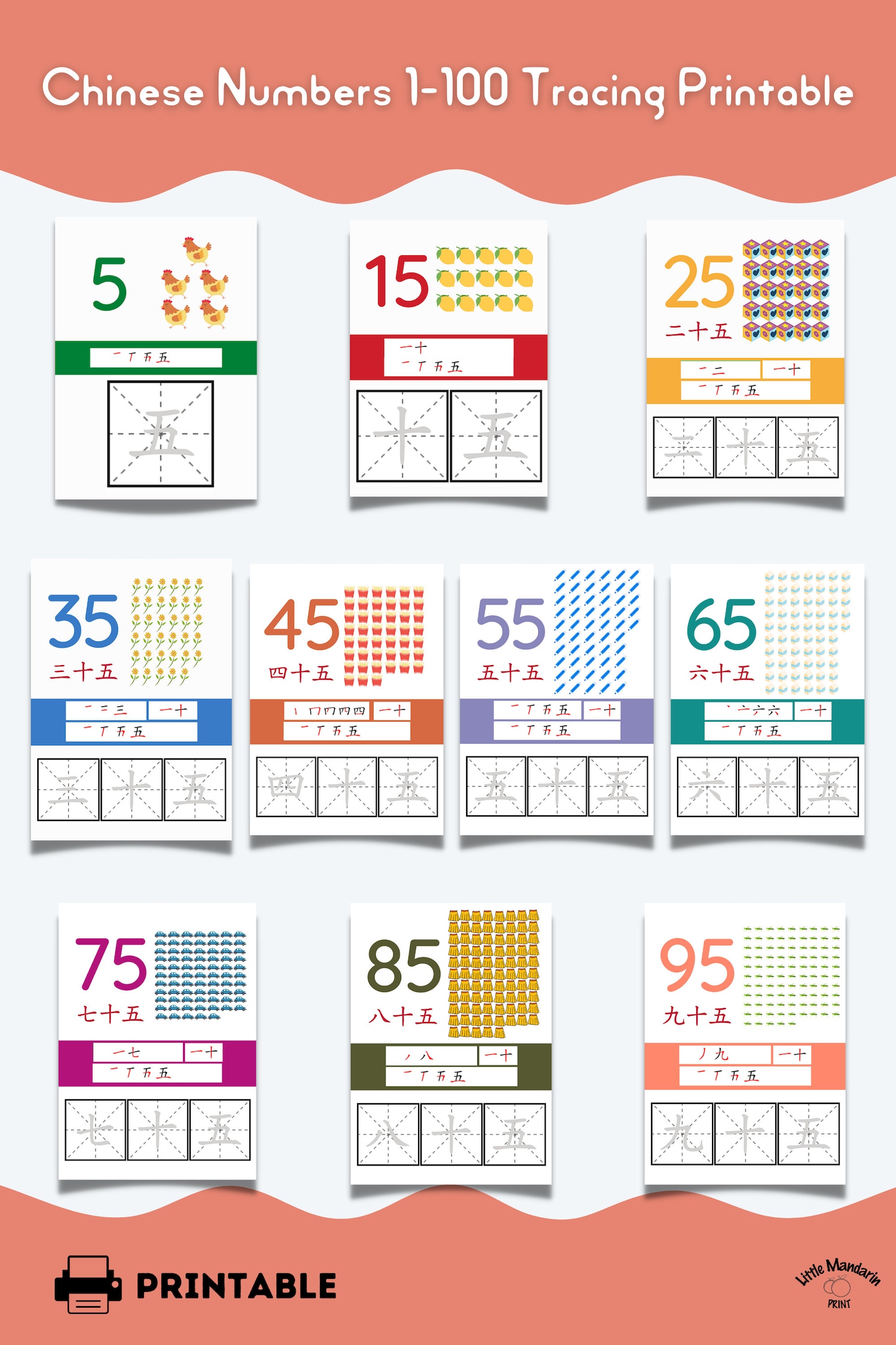 Chinese Numbers 1-100 Tracing and Counting Flashcards for Preschool ...