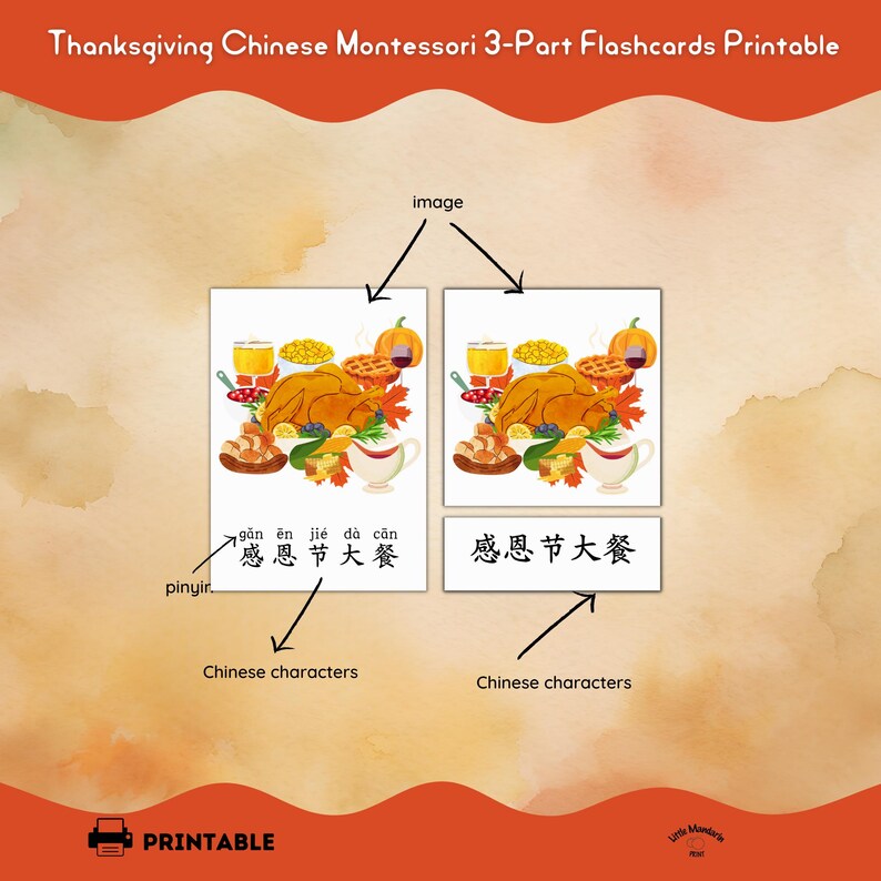 Thanksgiving Chinese Vocabulary Montessori 3-part Flashcards for Kids ...
