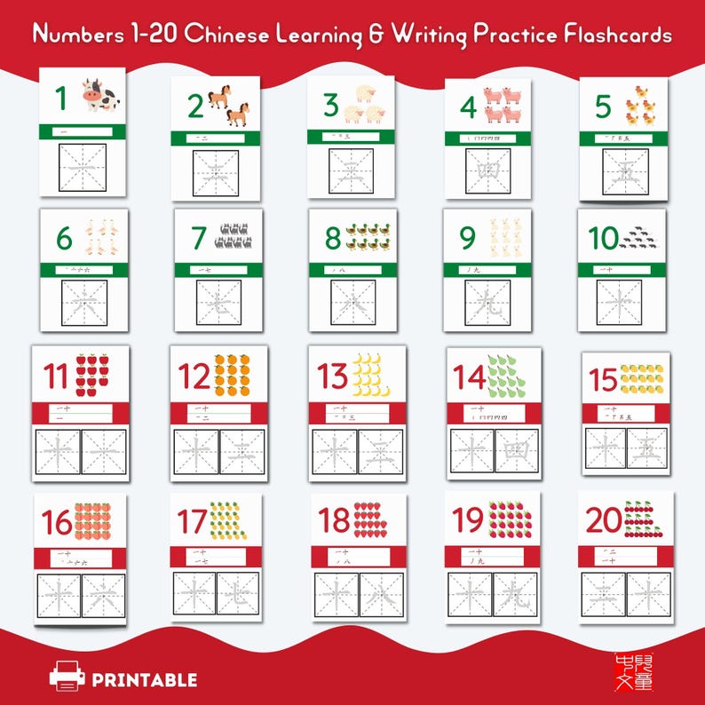 Chinese Numbers 1-20 Tracing and Counting Flashcards for Preschool, Pre ...