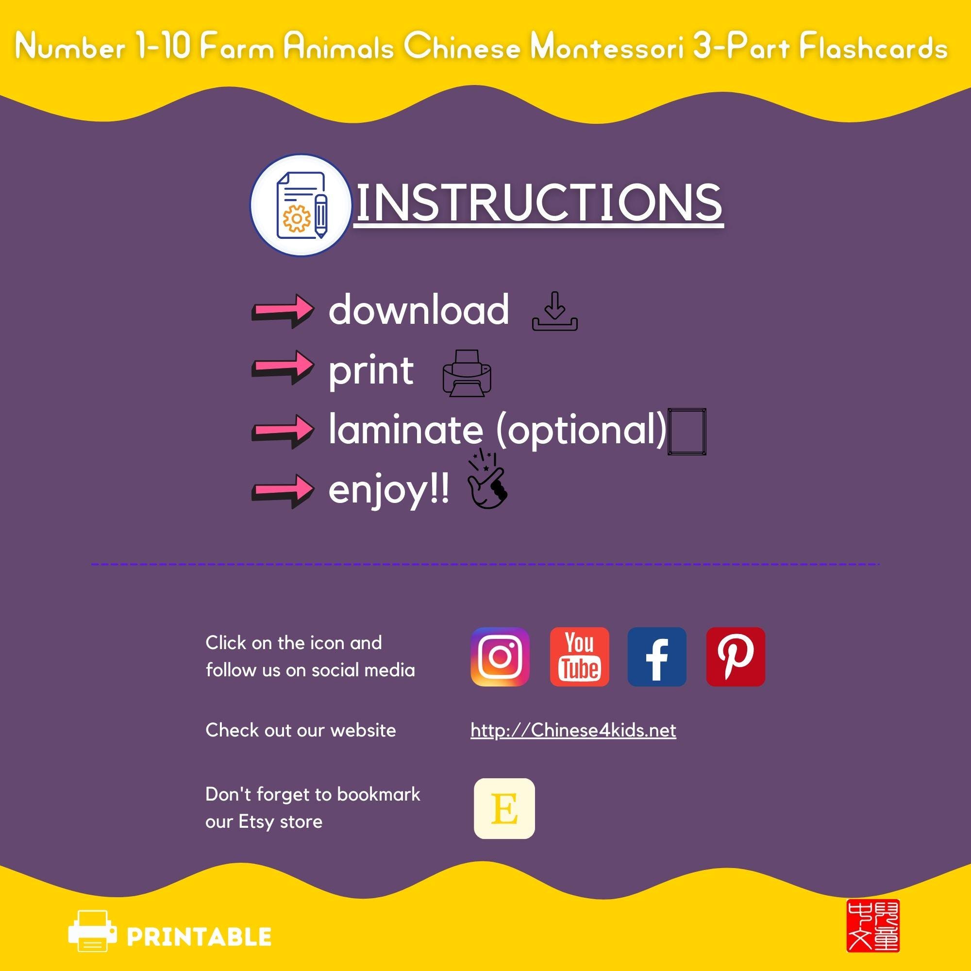 Numbers 1-10 Chinese Learning Montessori 3-part Flashcards for Kids ...