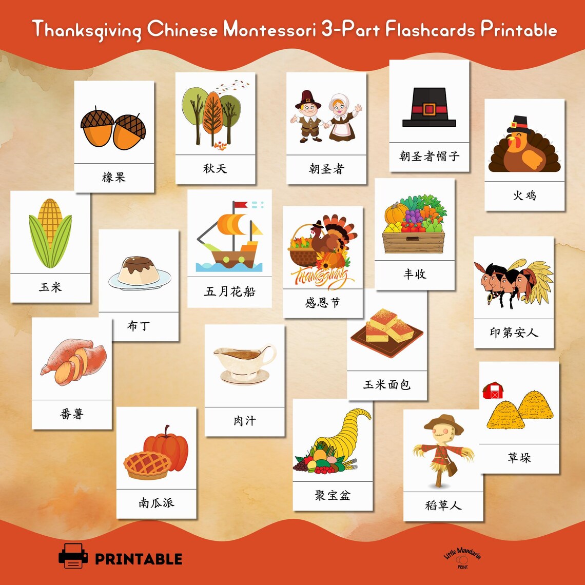 Thanksgiving Chinese Vocabulary Montessori 3-part Flashcards for Kids ...