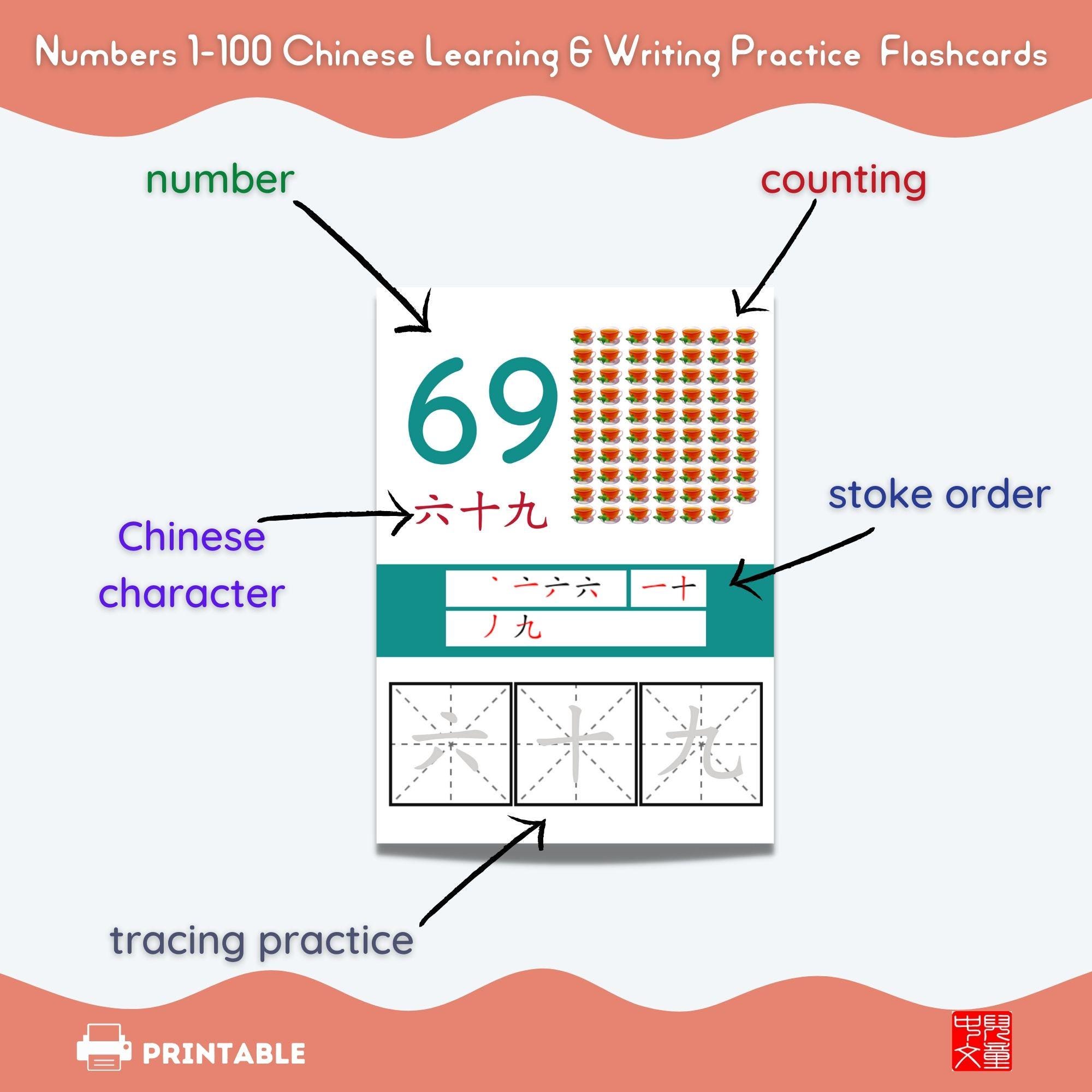 Chinese Numbers 1-100 Tracing and Counting Flashcards for Preschool ...