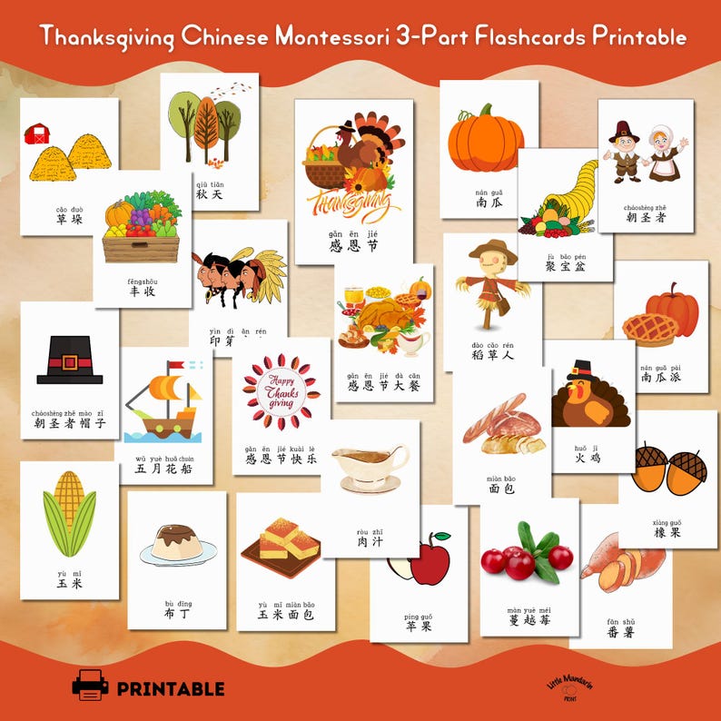 Thanksgiving Chinese Vocabulary Montessori 3-part Flashcards for Kids ...