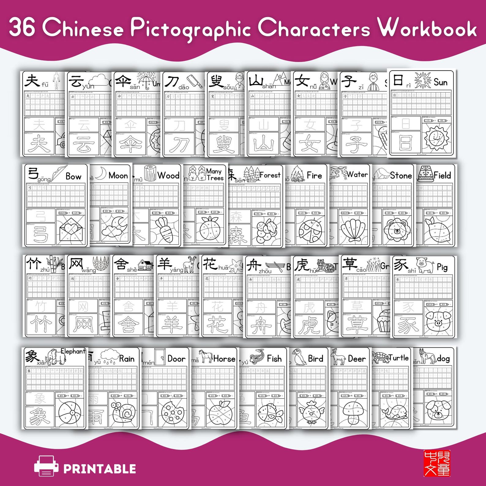 36 Basic Chinese Pictographic Character Writing Workbook * Mandarin Practice Worksheets for Kids ...