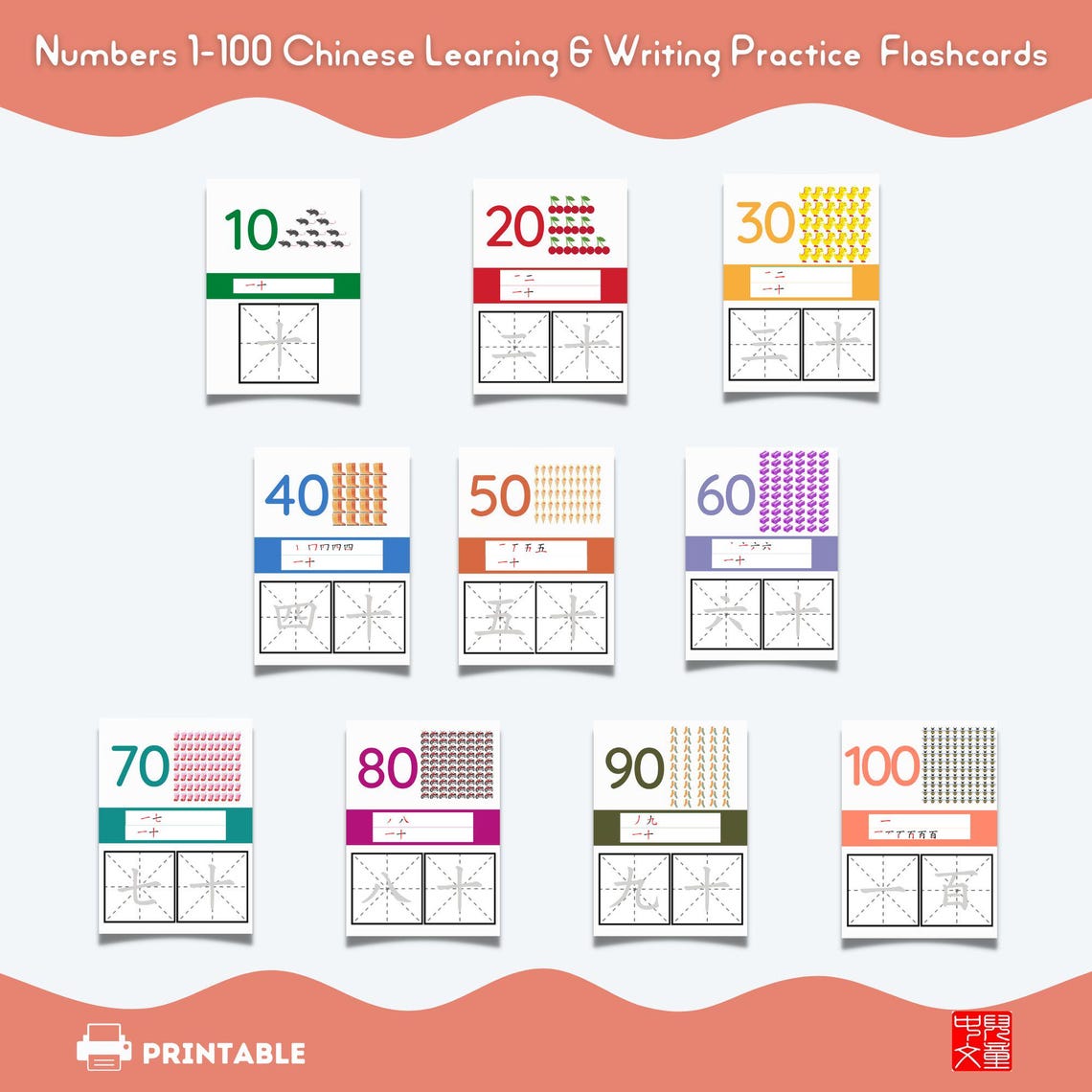 Chinese Numbers 1-100 Tracing and Counting Flashcards for Preschool ...
