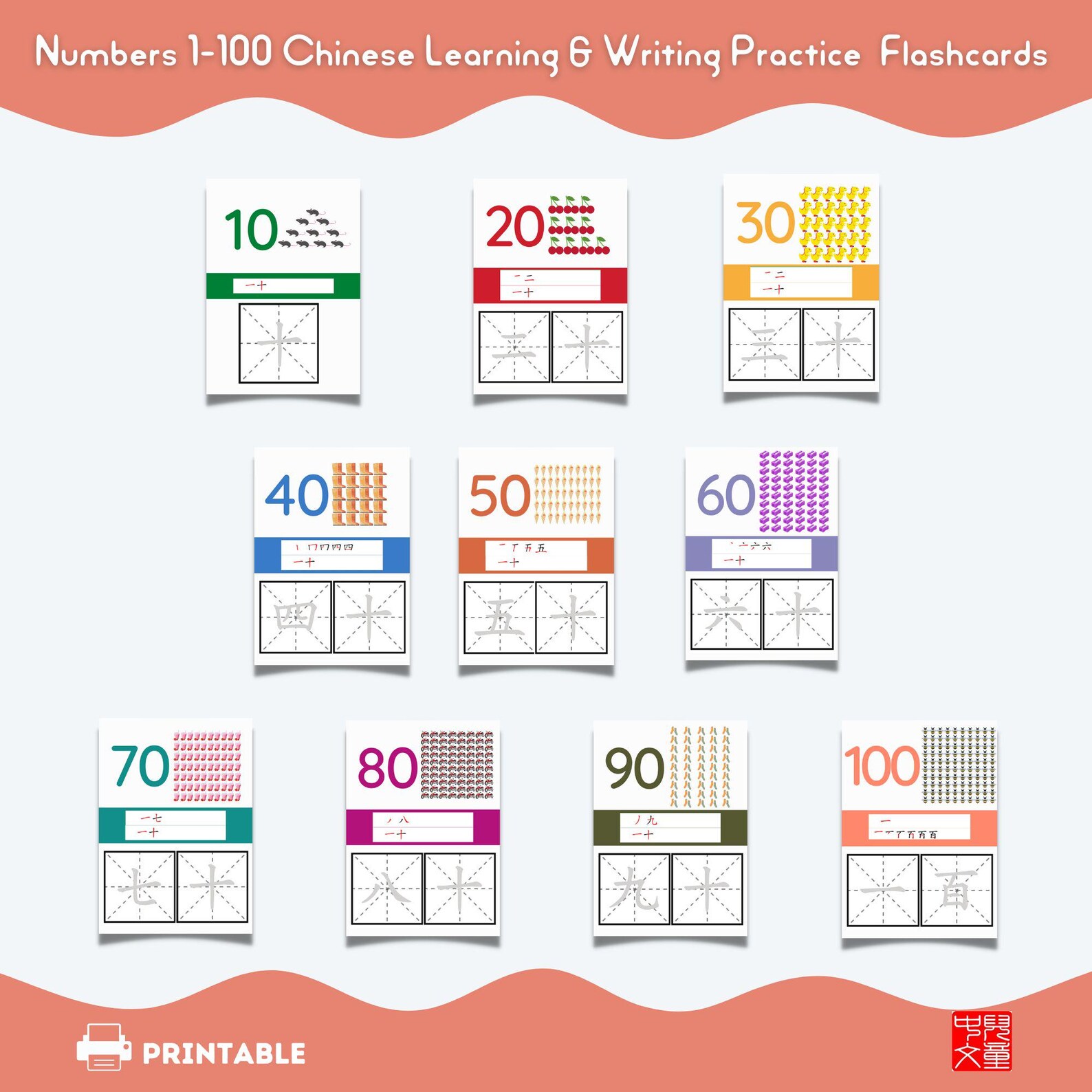 Chinese Numbers 1-100 Tracing and Counting Flashcards for Preschool ...