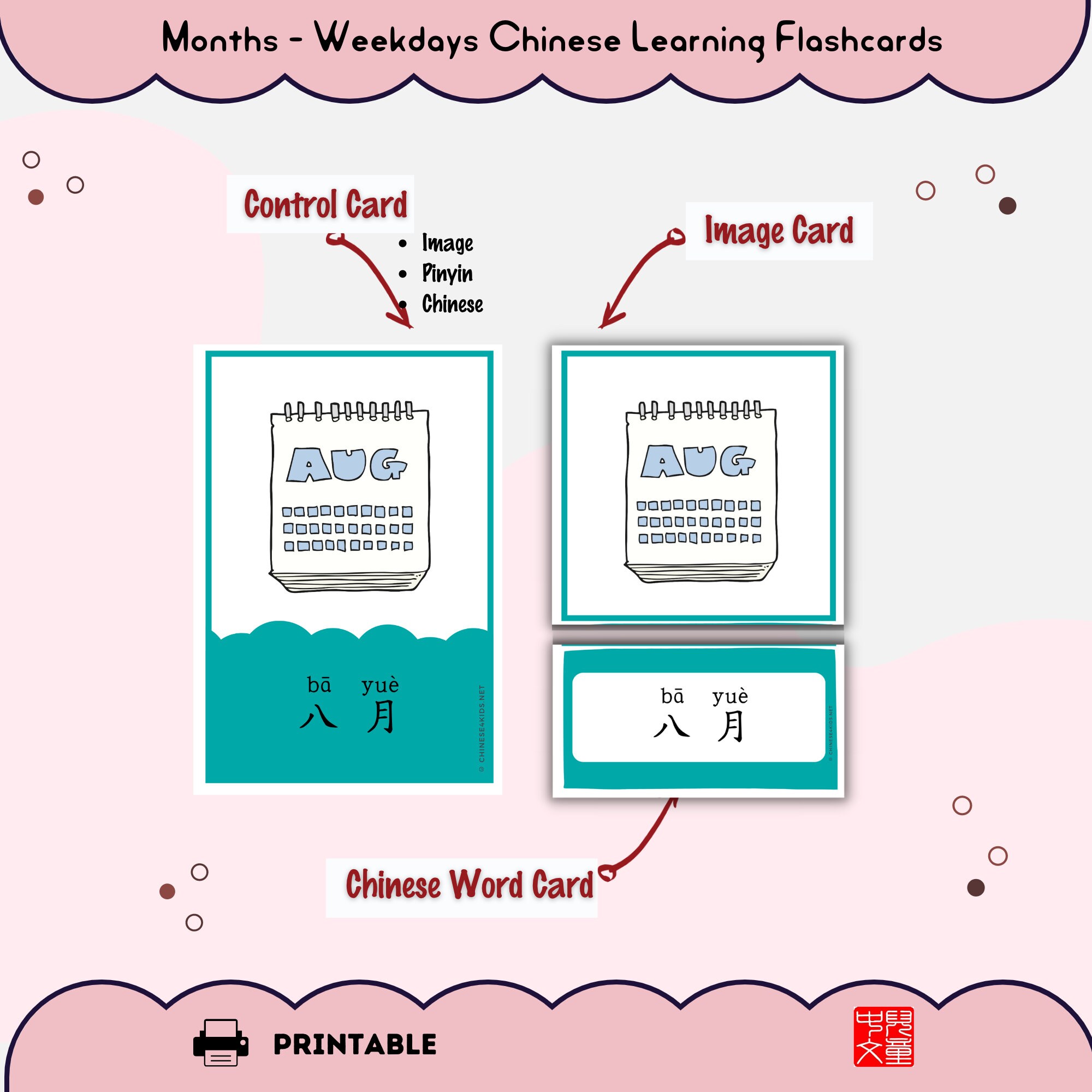 Learn Chinese Vocabulary Months-weekdays Montessori 3-part Chinese ...