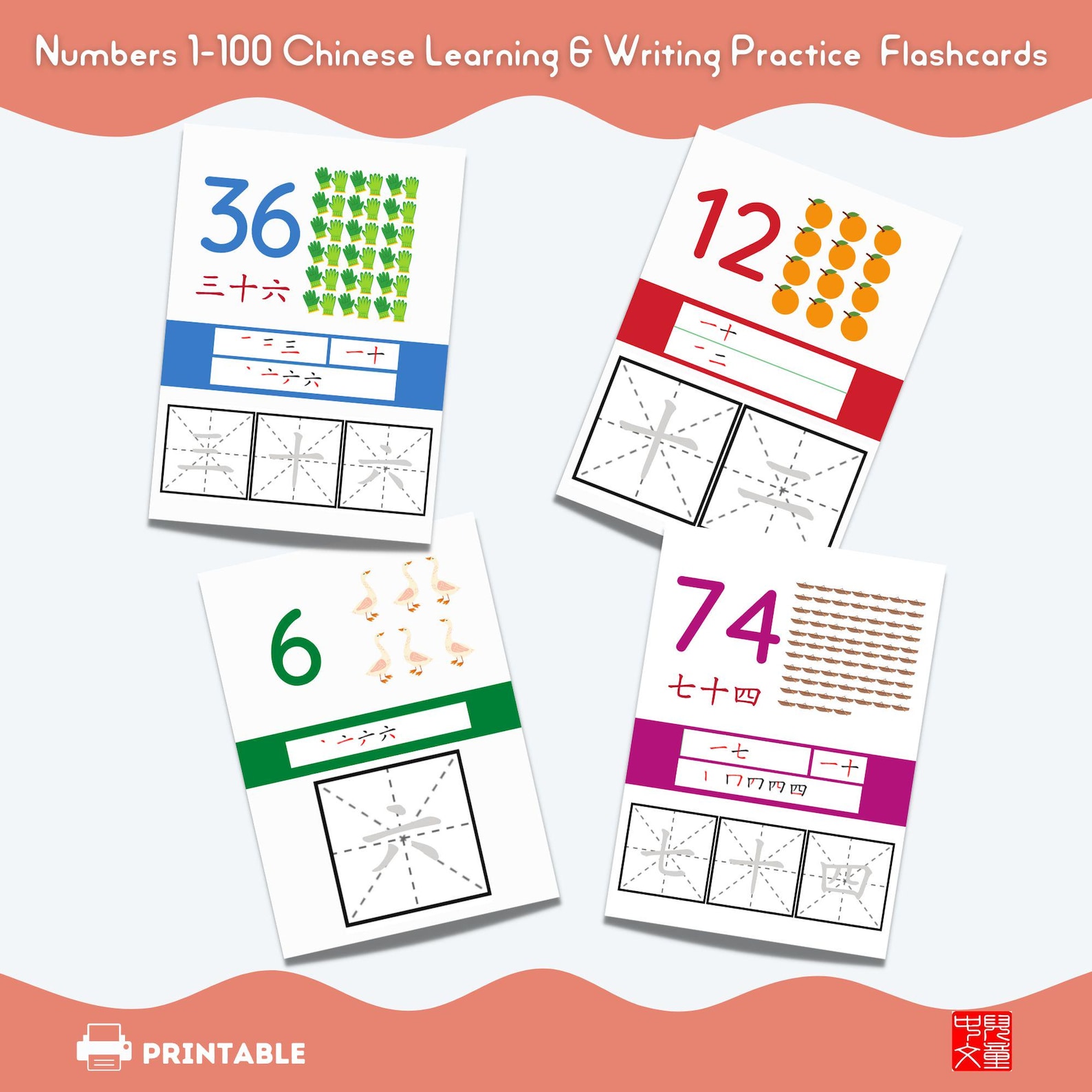Chinese Numbers 1-100 Tracing and Counting Flashcards for Preschool ...