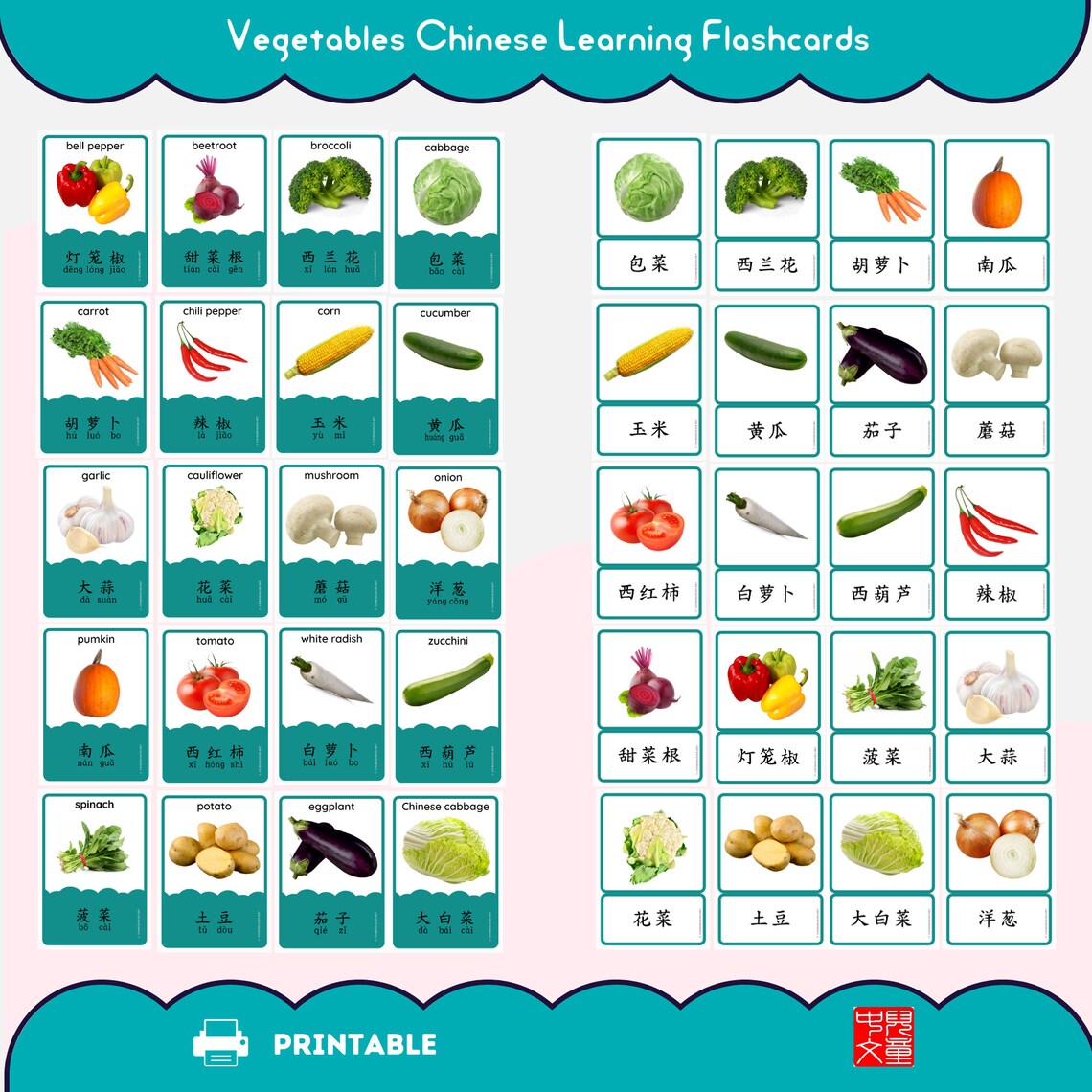 Vegetable Chinese Learning Flashcards for Kids • Chinese Learning Print ...