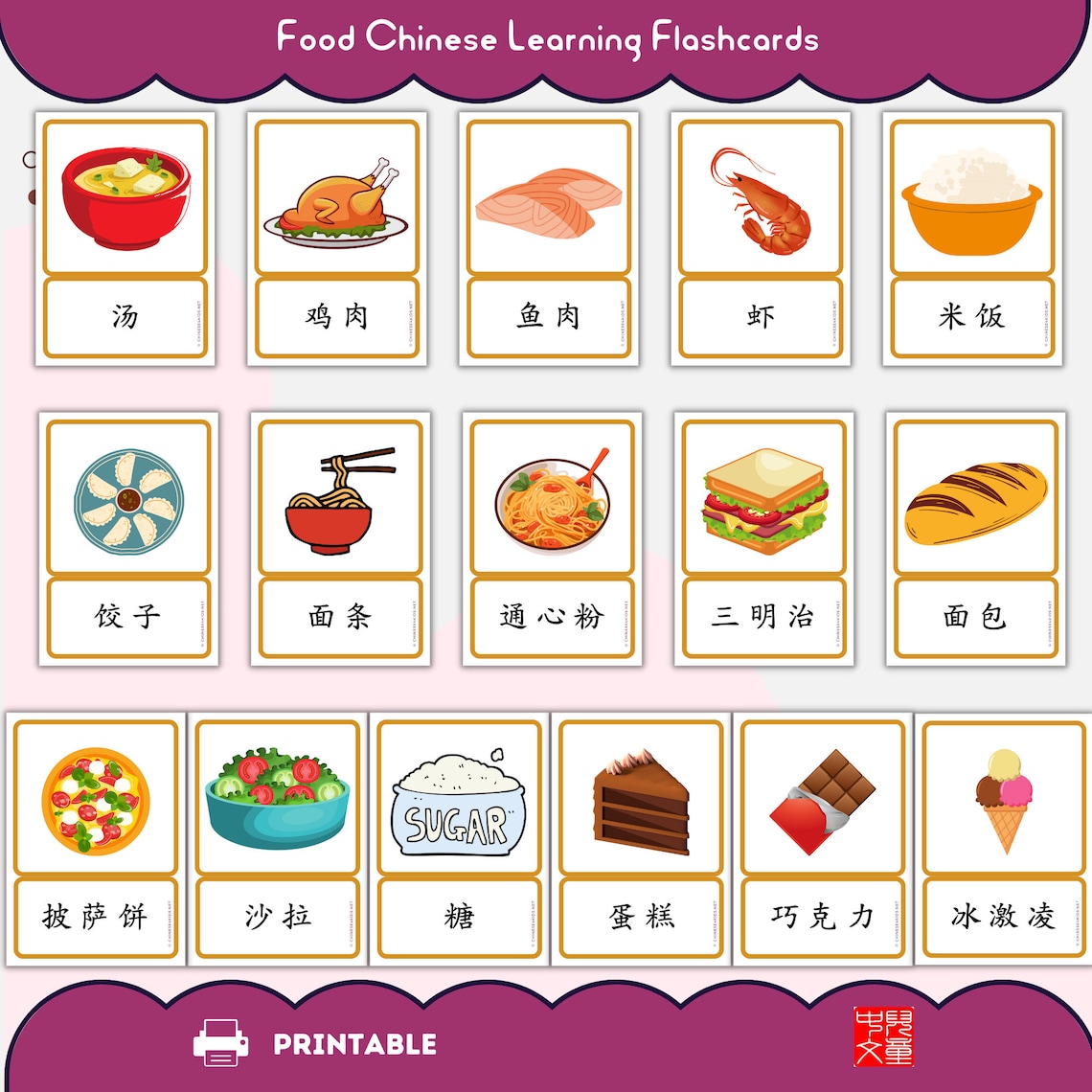 Food Chinese Learning Flashcards for Kids • Chinese Learning Print ...