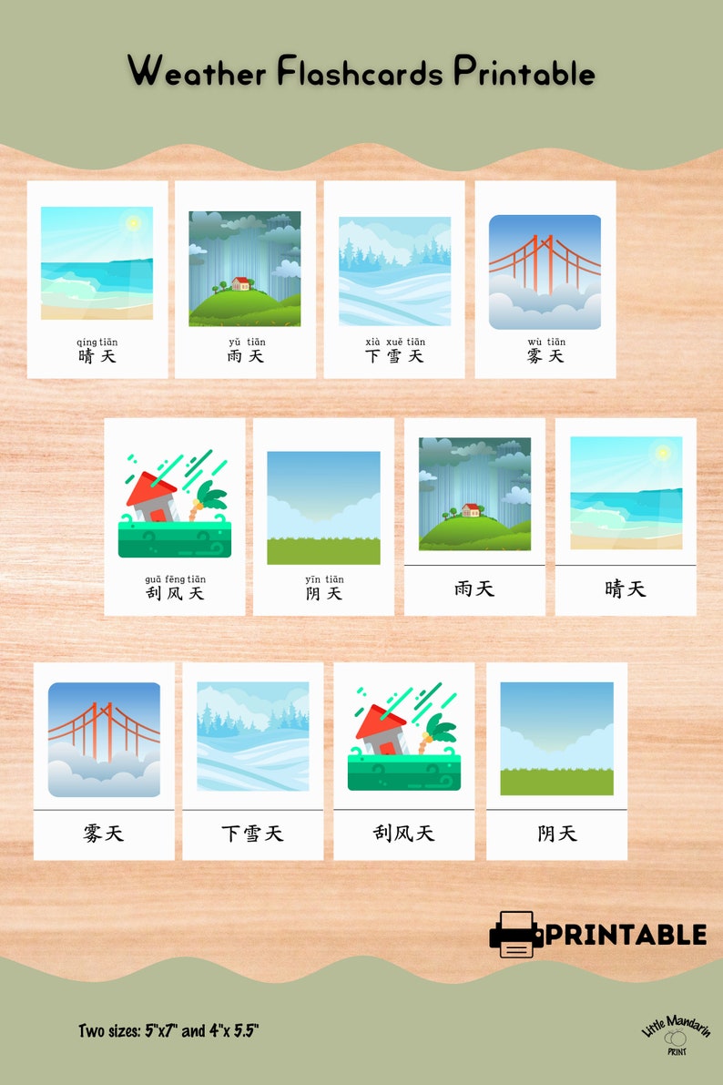 WEATHER Chinese Learning Flashcards for Kids • Chinese Learning Print ...