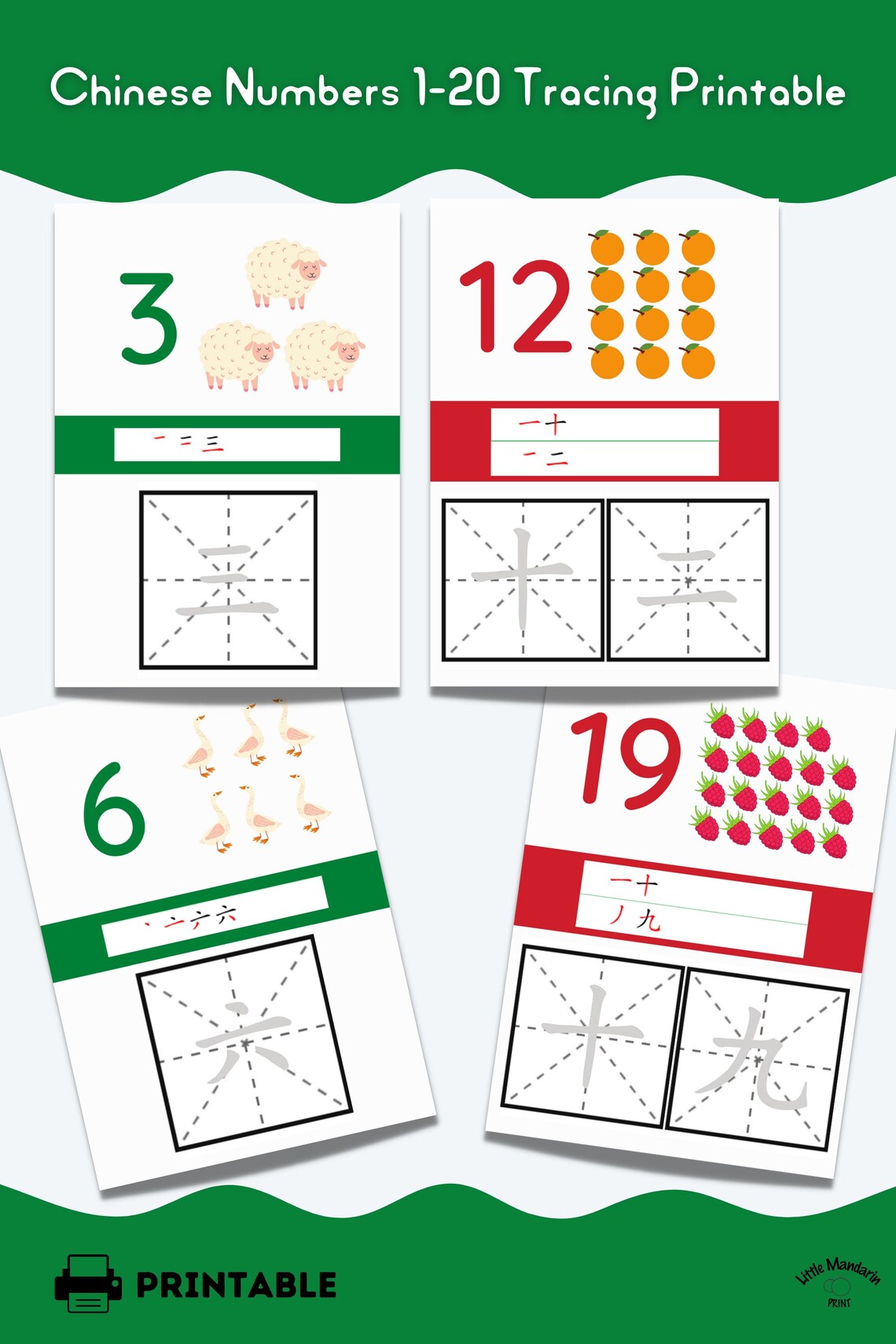 Chinese Numbers 1-20 Tracing and Counting Flashcards for Preschool, Pre ...