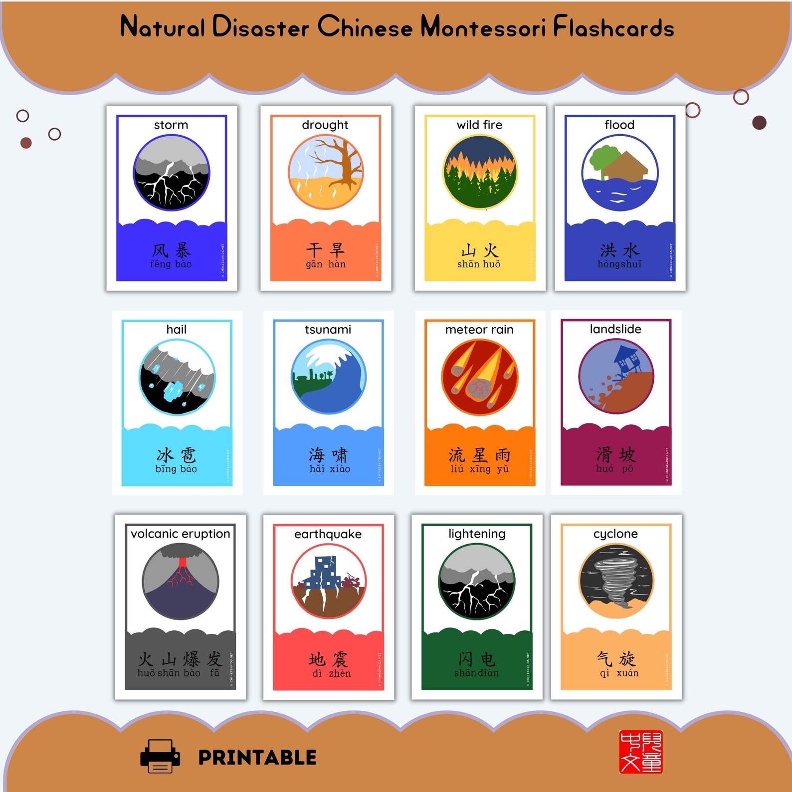Natural Disaster Chinese Vocabulary Learning Montessori Flashcards for ...