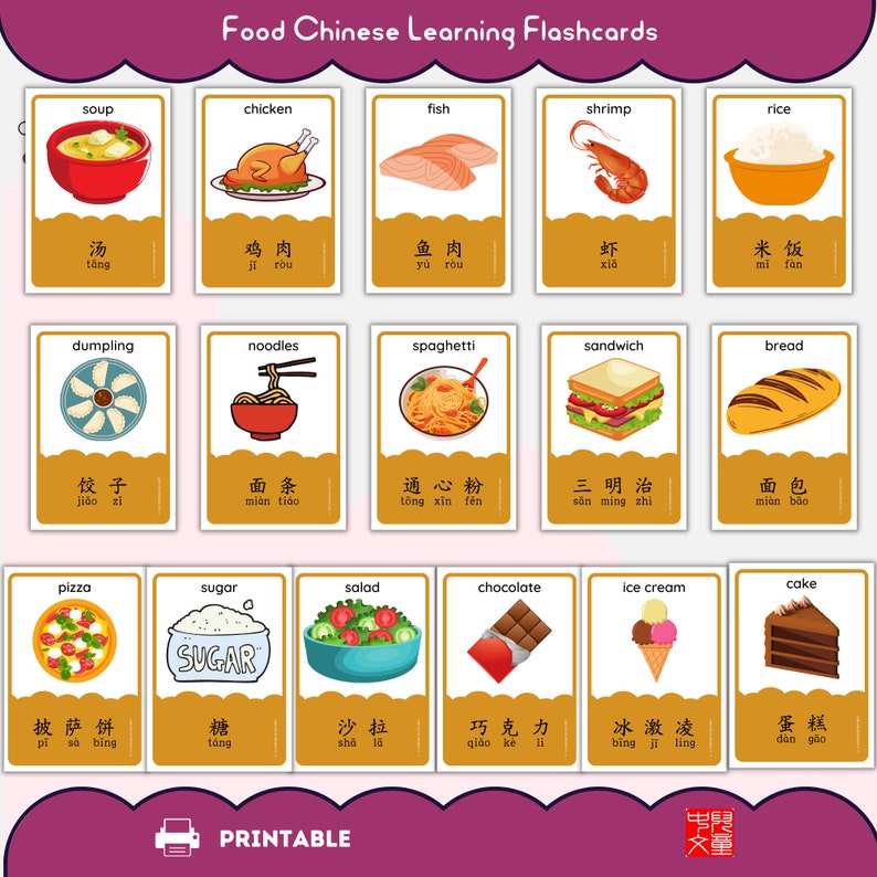 Food Chinese Learning Flashcards for Kids • Chinese Learning Print ...