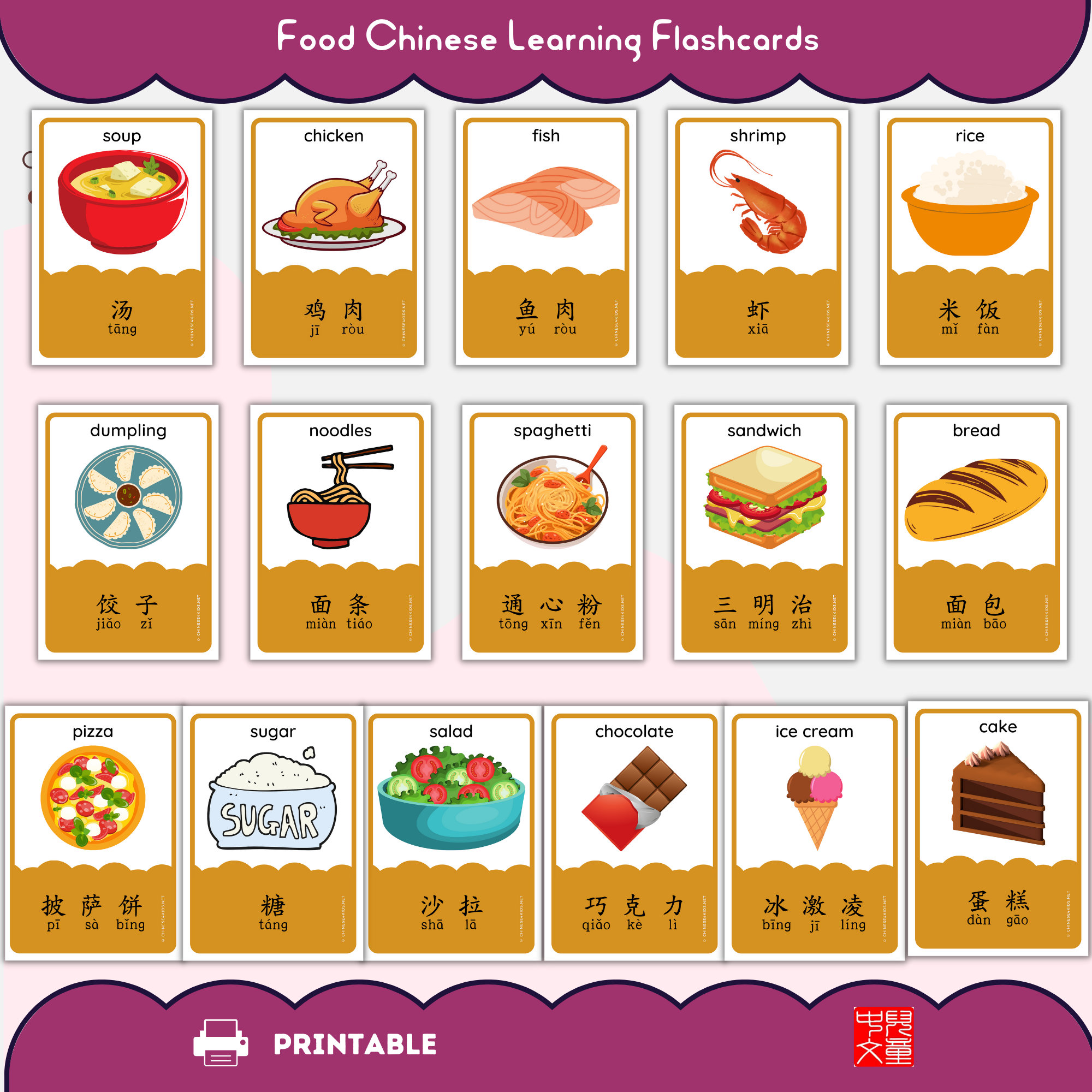 Food Chinese Learning Flashcards for Kids • Chinese Learning Print ...