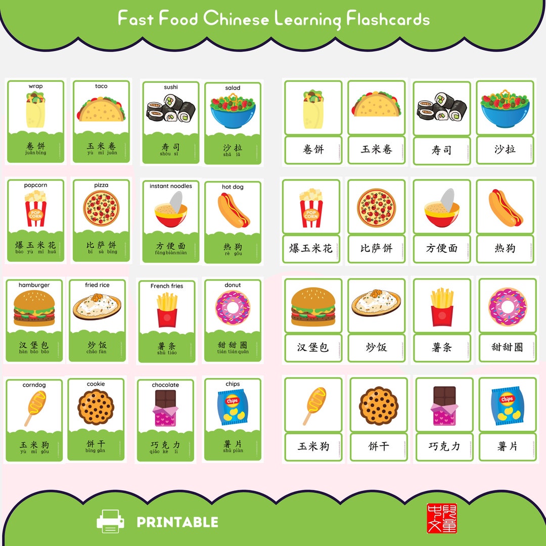 Fast Food Chinese Learning Montessori 3-part Flashcards for Kids With ...