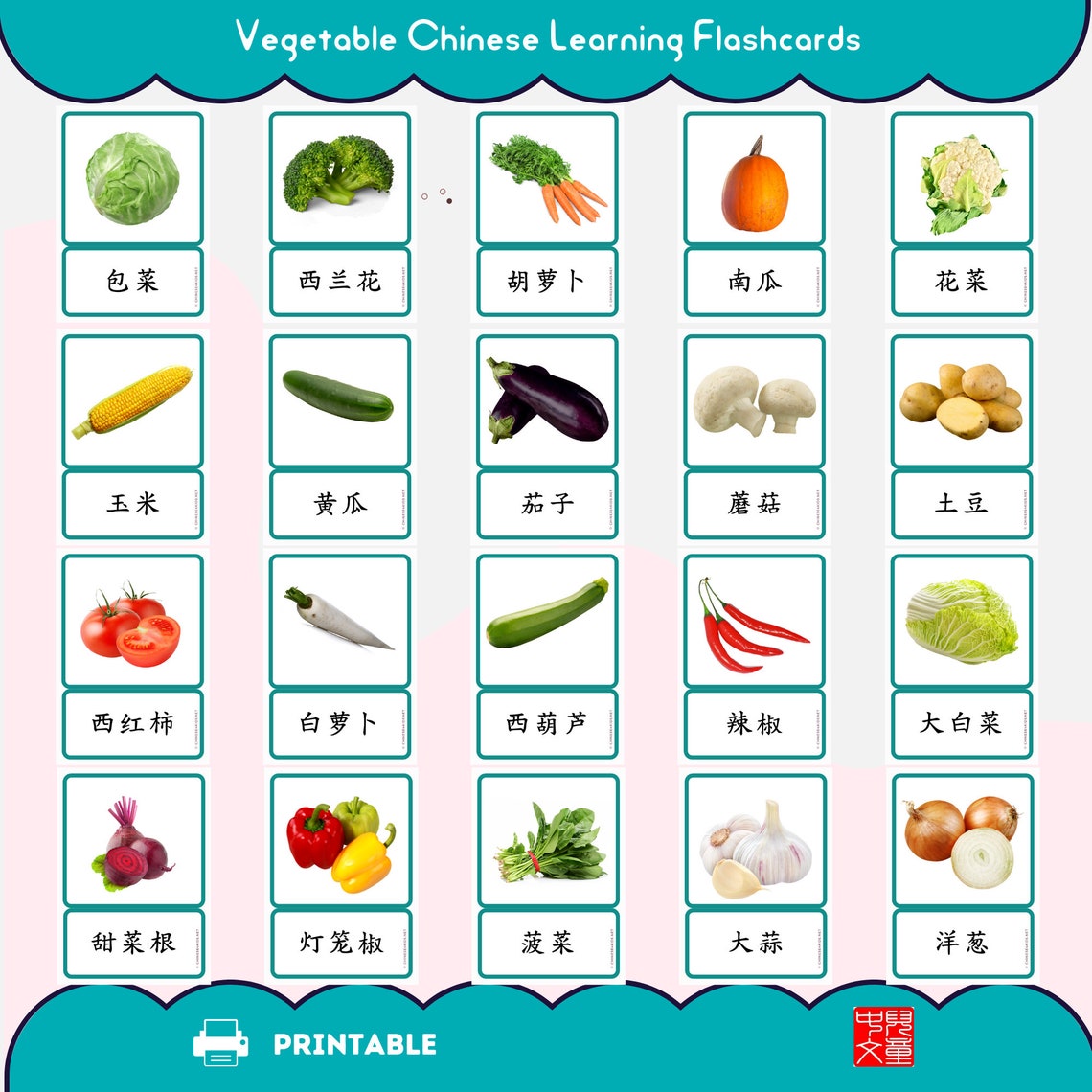 Vegetable Chinese Learning Flashcards for Kids • Chinese Learning Print ...