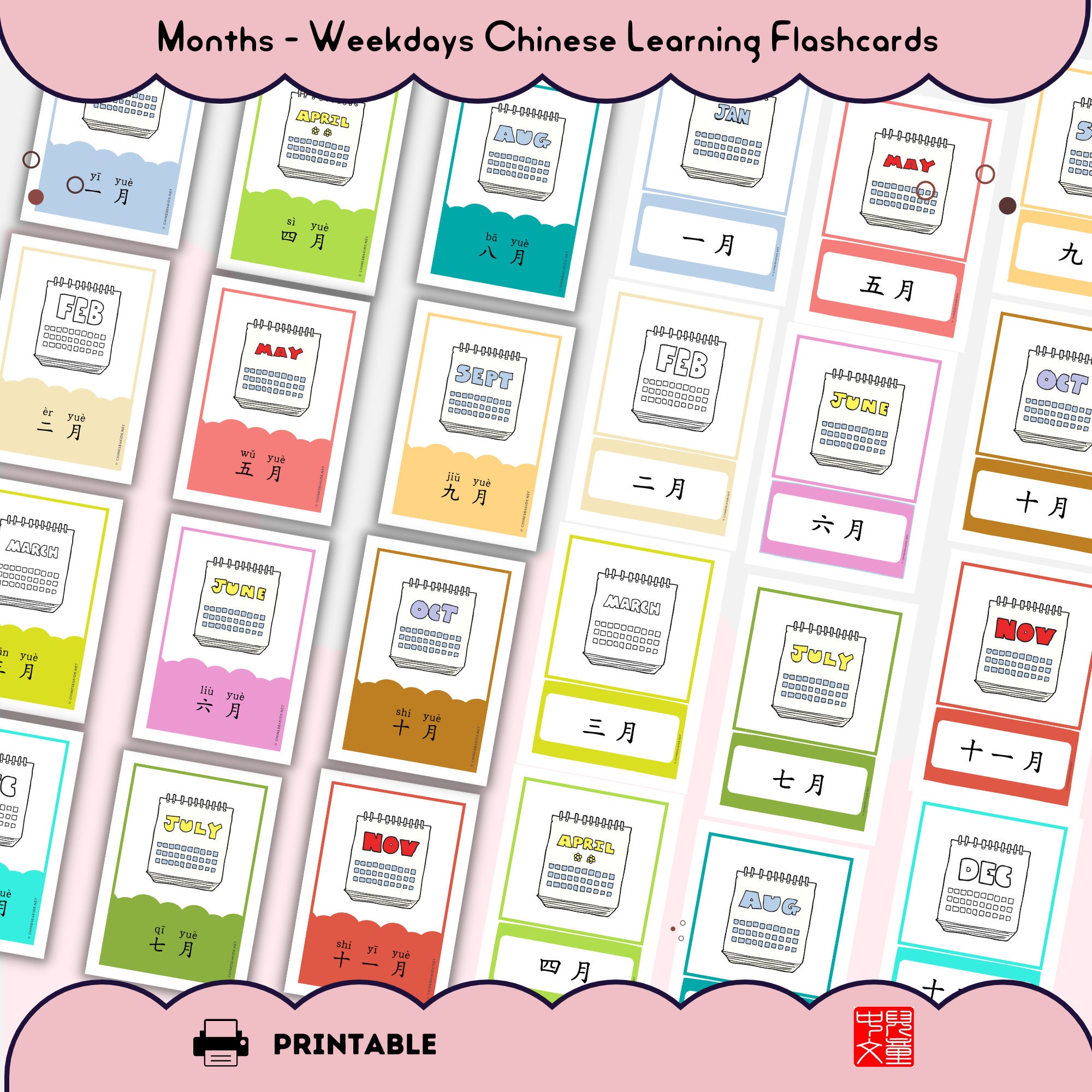 Learn Chinese Vocabulary Months-weekdays Montessori 3-part Chinese ...
