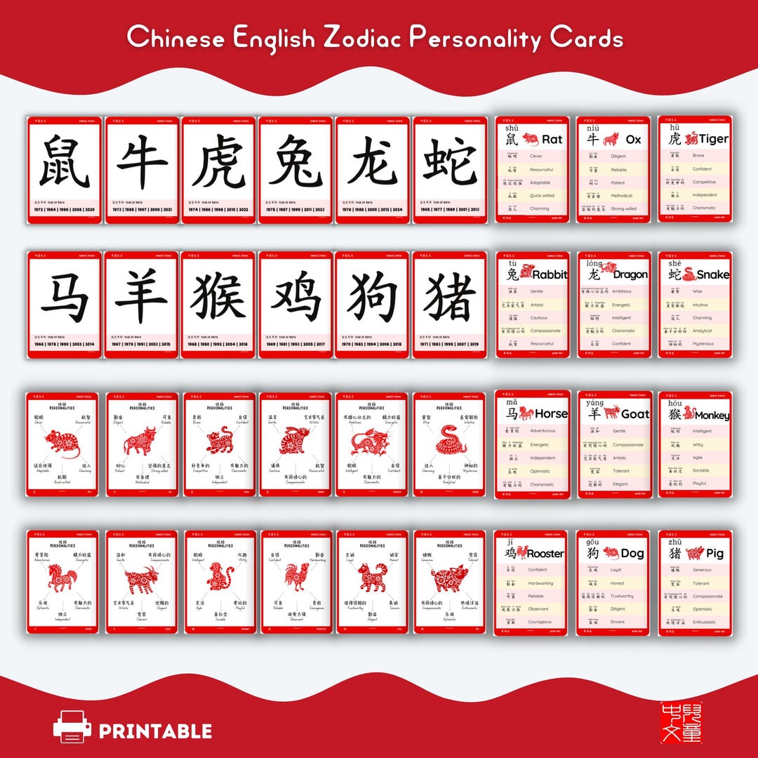 Chinese Zodiac Animal Personality Bilingual Cards Chinese New Year ...