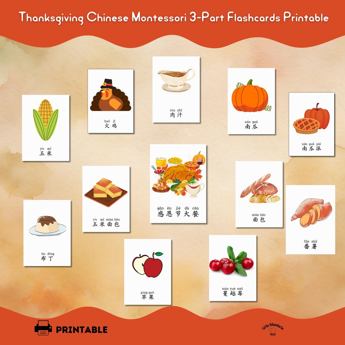 Thanksgiving Chinese Vocabulary Montessori 3-part Flashcards for Kids ...