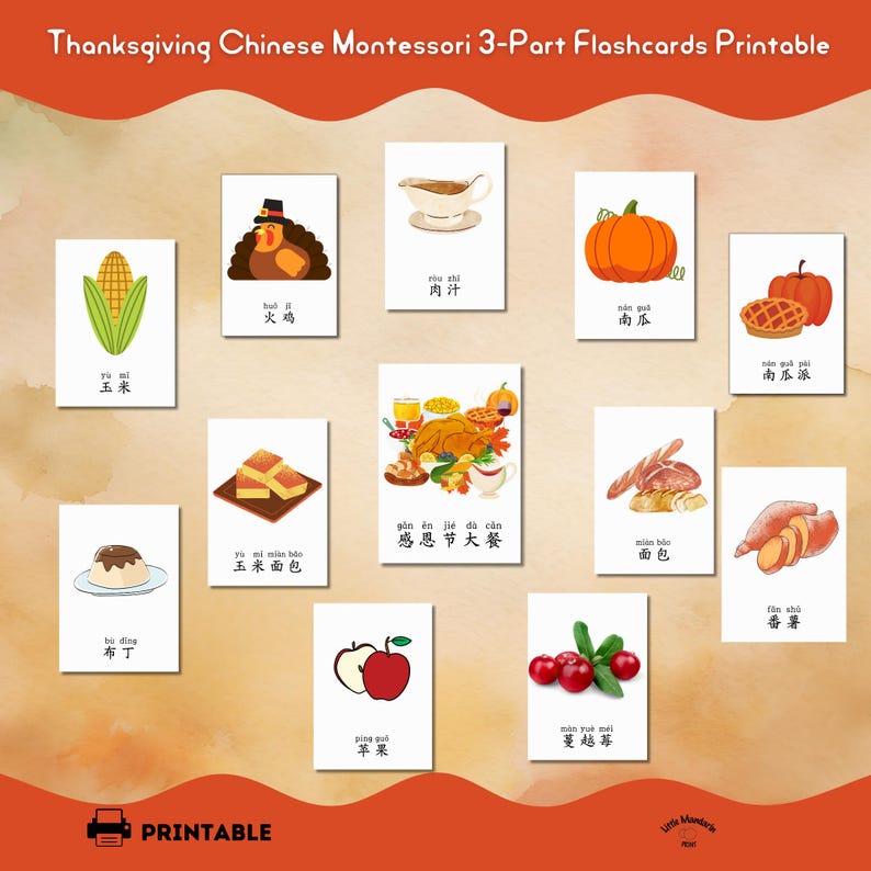 Thanksgiving Chinese Vocabulary Montessori 3-part Flashcards for Kids ...