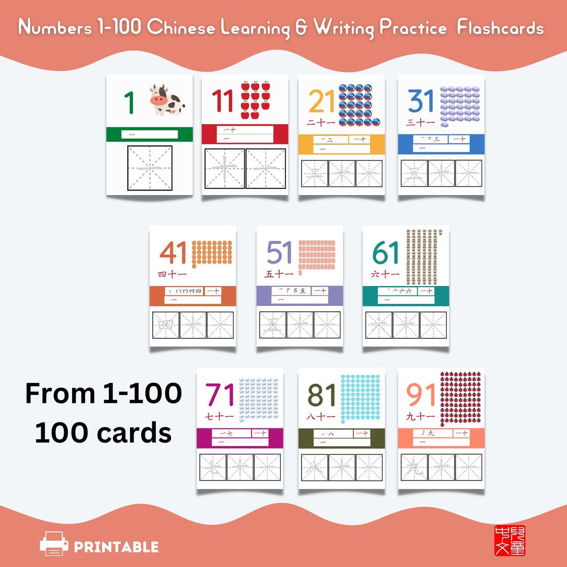 Chinese Numbers 1-100 Tracing and Counting Flashcards for Preschool ...