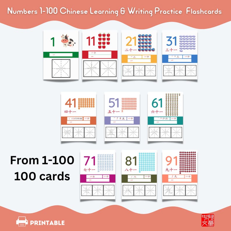 Chinese Numbers 1-100 Tracing and Counting Flashcards for Preschool ...
