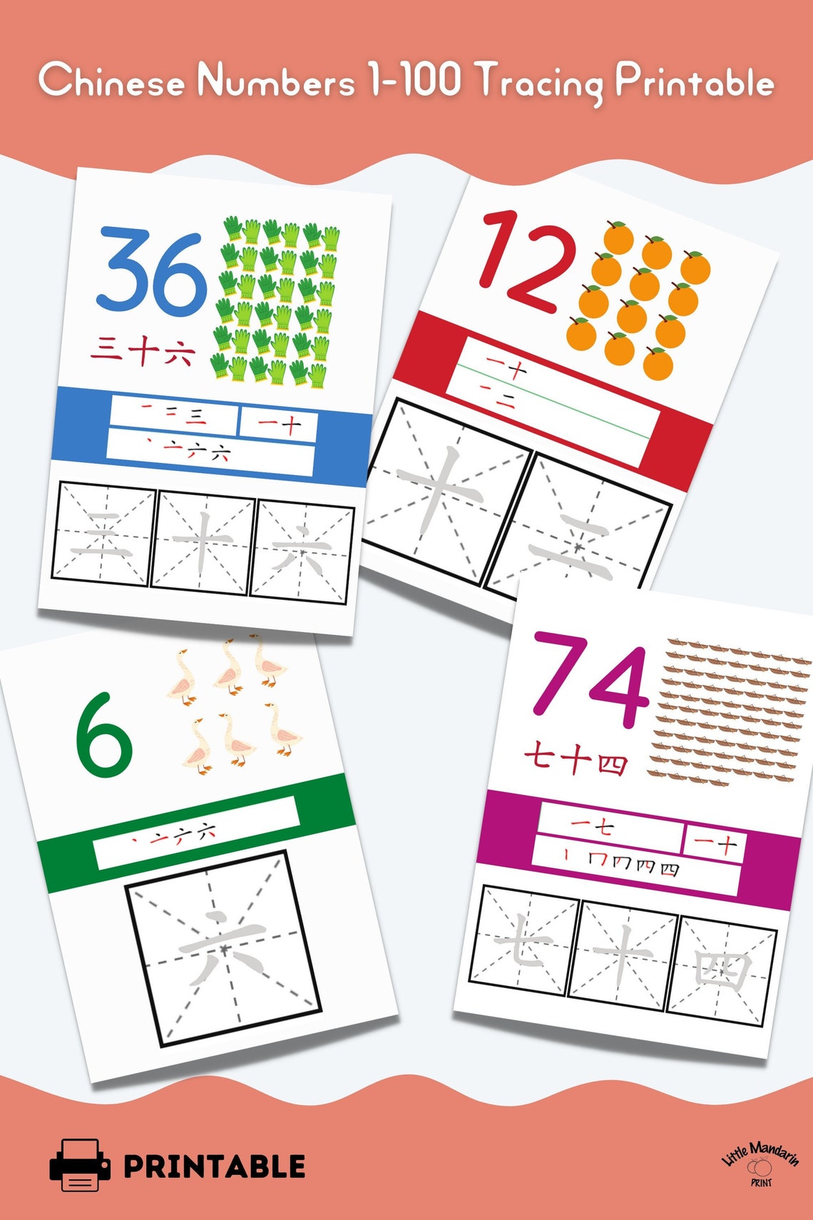 Chinese Numbers 1-100 Tracing and Counting Flashcards for Preschool ...