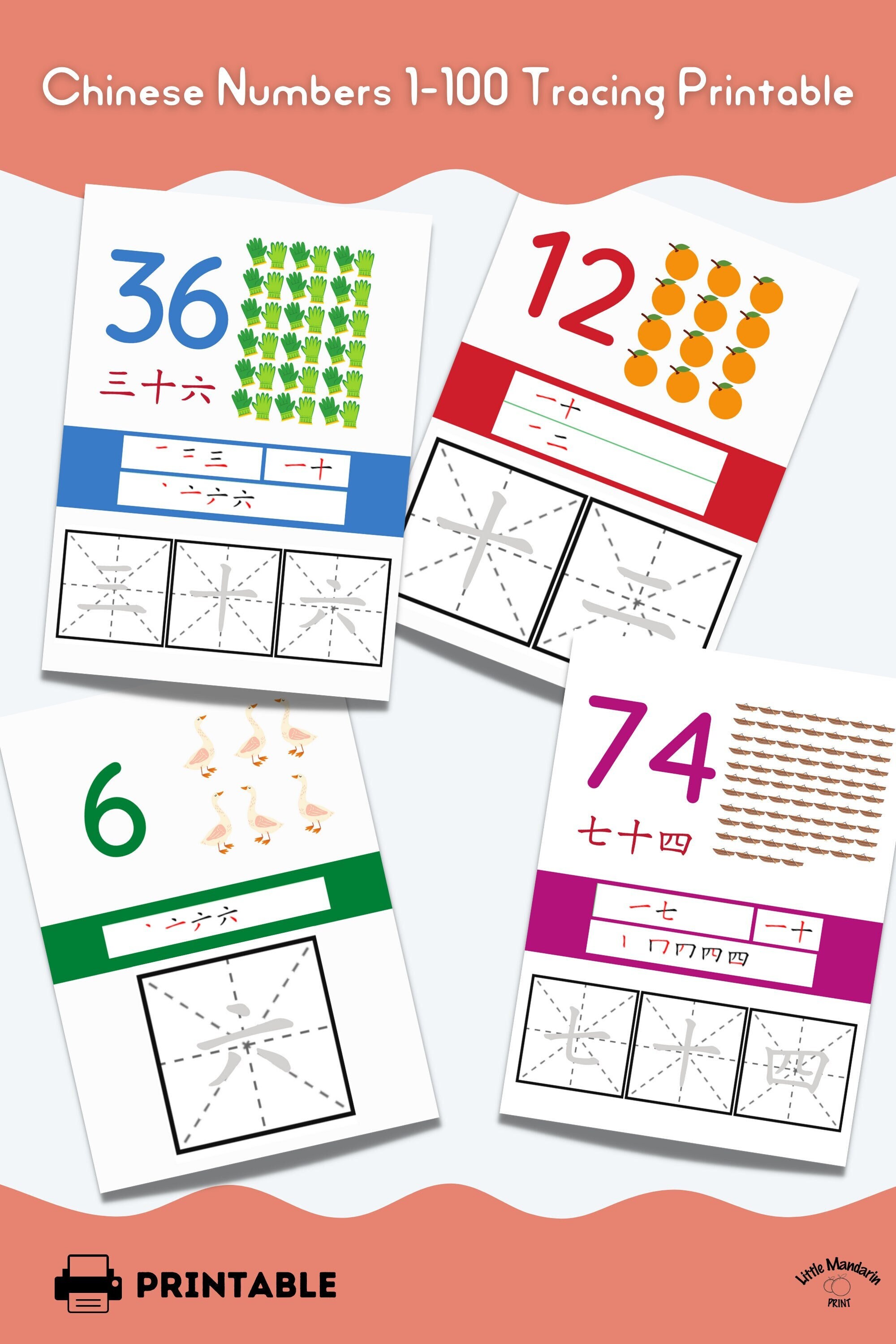 Chinese Numbers 1-100 Tracing and Counting Flashcards for Preschool ...