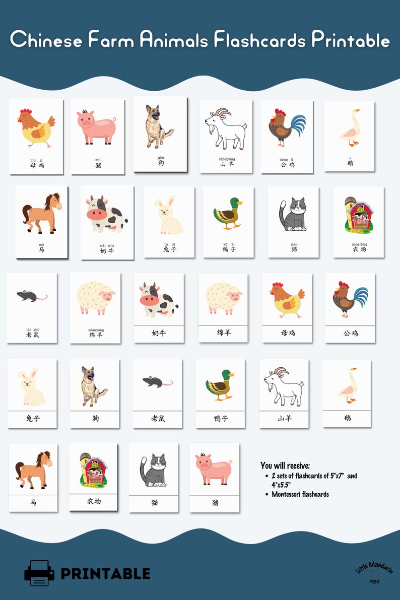 Farm Animals Chinese Learning Flashcards for Kids Chinese Learning ...