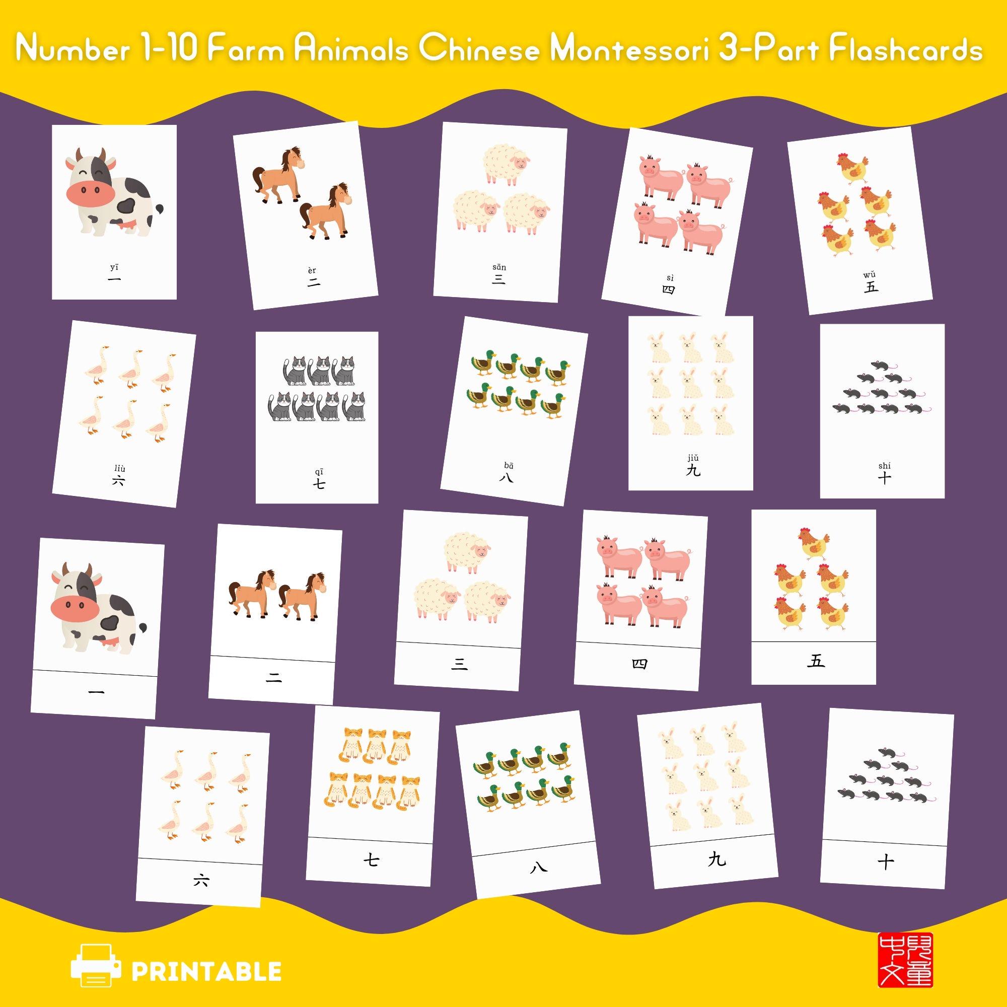 Numbers 1-10 Chinese Learning Montessori 3-part Flashcards for Kids ...