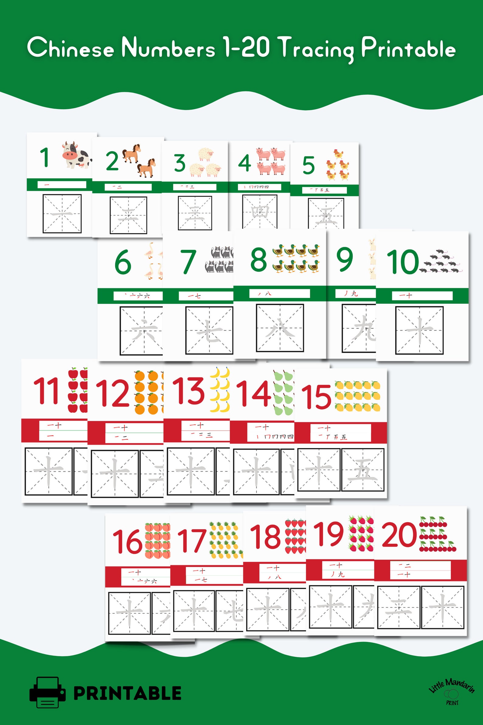 Chinese Numbers 1-20 Tracing and Counting Flashcards for Preschool, Pre ...