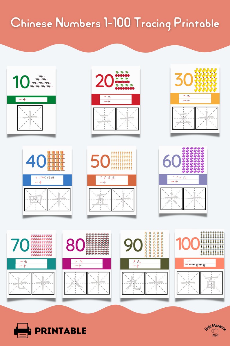 Chinese Numbers 1-100 Tracing and Counting Flashcards for Preschool ...