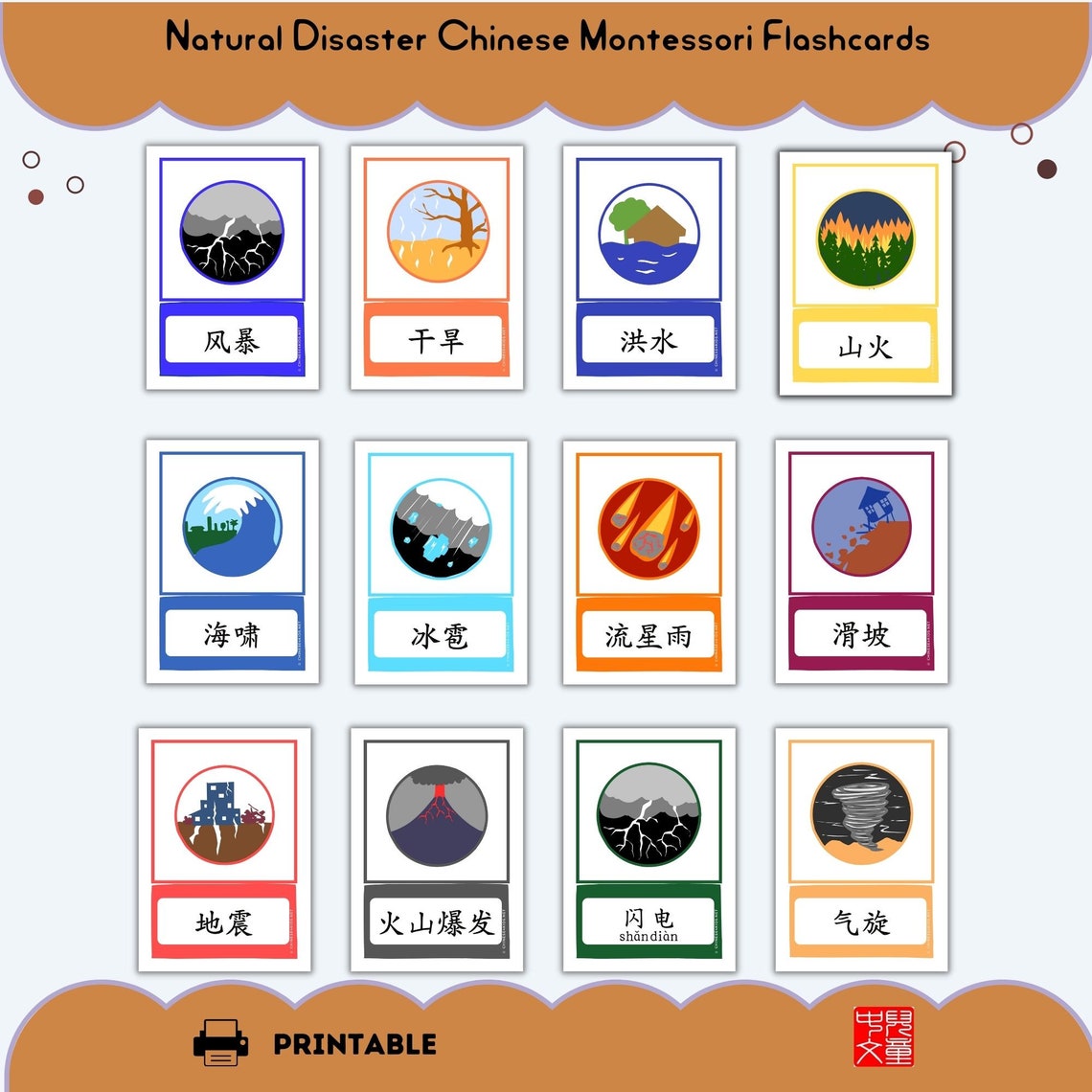 Natural Disaster Chinese Vocabulary Learning Montessori Flashcards for ...