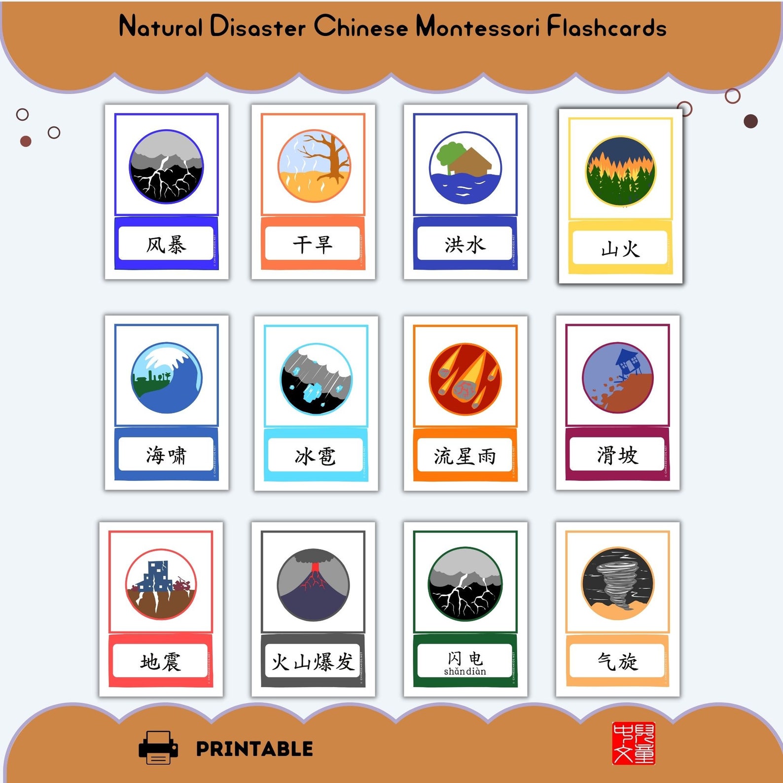 Natural Disaster Chinese Vocabulary Learning Montessori Flashcards for ...