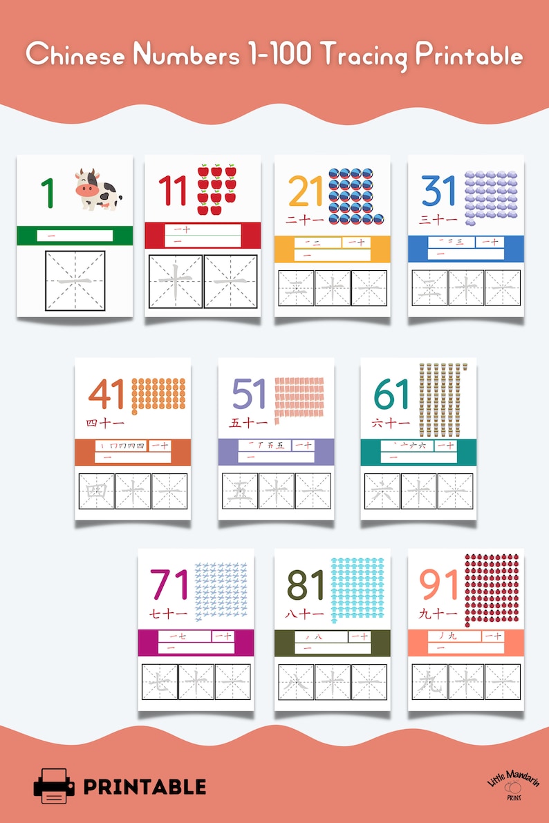 Chinese Numbers 1-100 Tracing and Counting Flashcards for Preschool ...