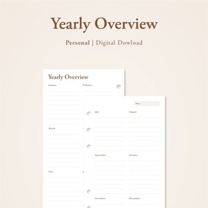 Personal, Yearly Overview Printable Year on Two Pages Year at a Glance ...