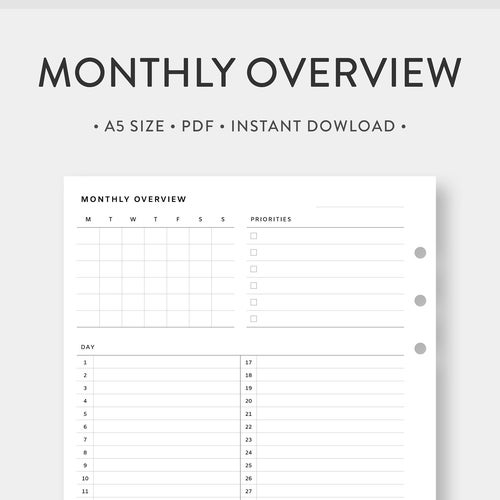 A5 Monthly Overview Printable Month at a Glance Month on - Etsy