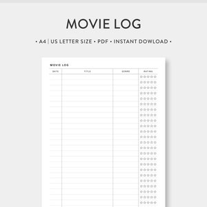 A4 | US Letter, Movie Log Printable | Movies to Watch | Movie Tracker ...
